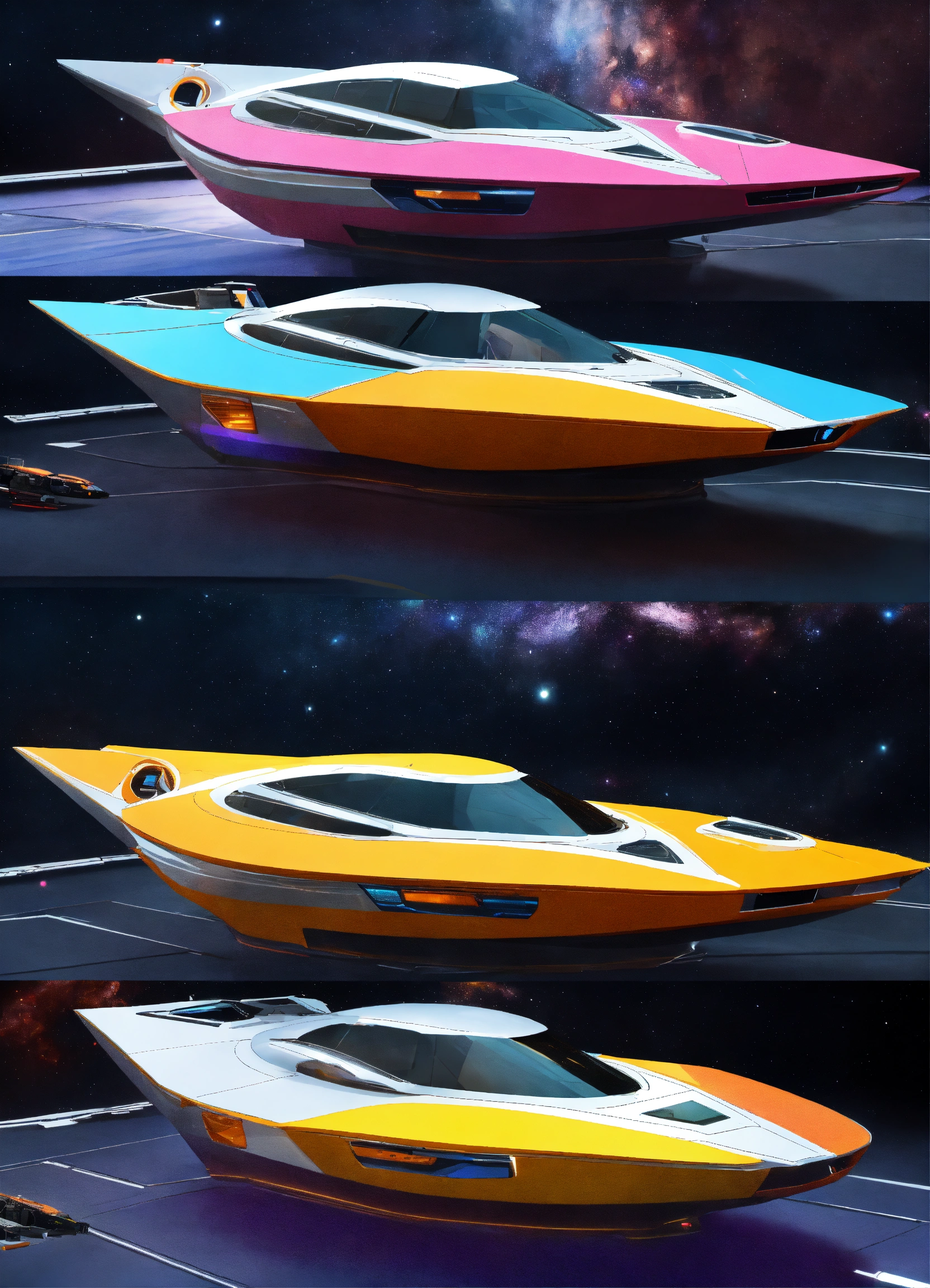 Lexica - 5 Colorful Sporty space yachts all docked at a space yacht ...