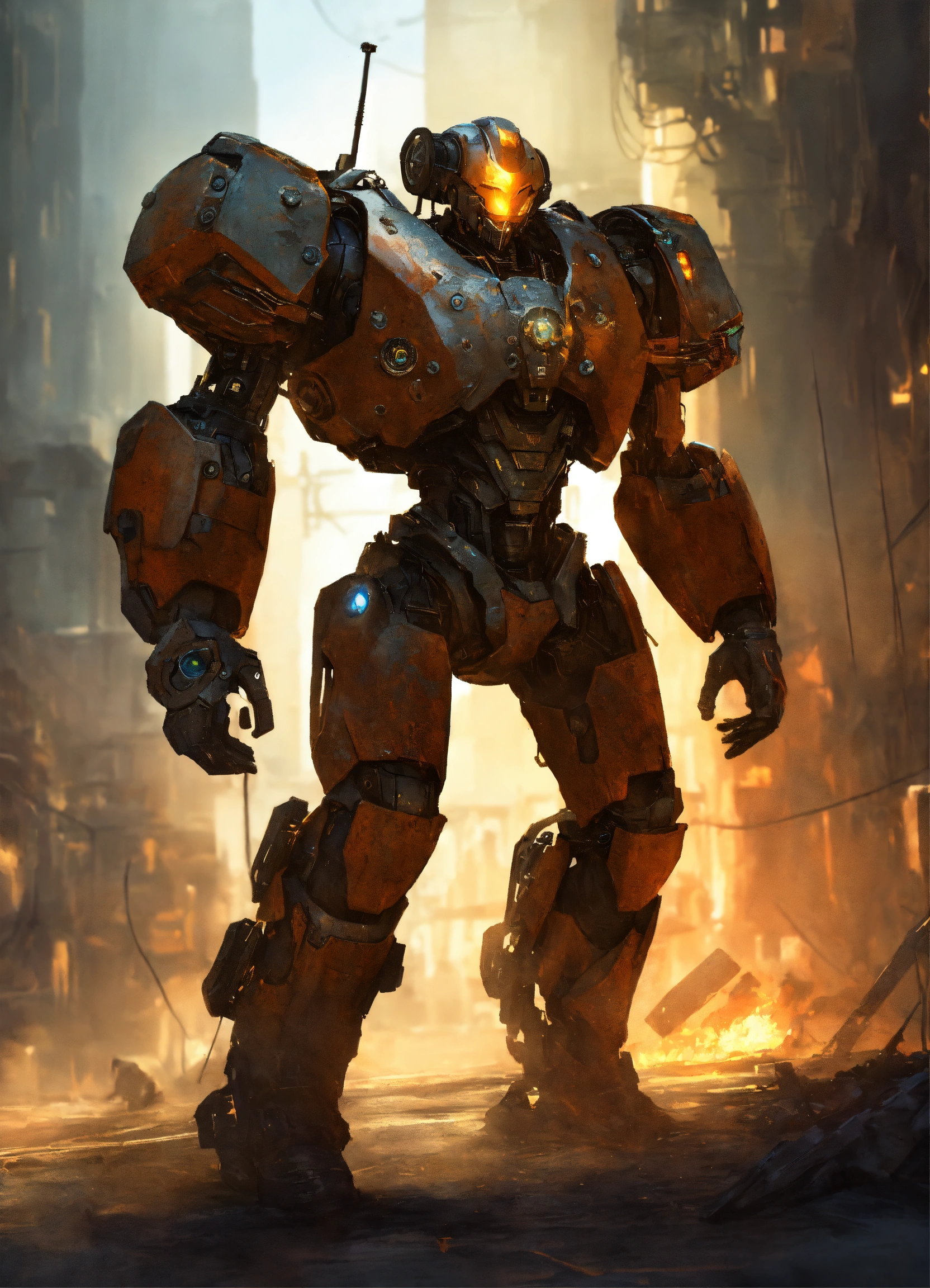 Lexica - An evil cyborg with a rusty, bulky body charges forward