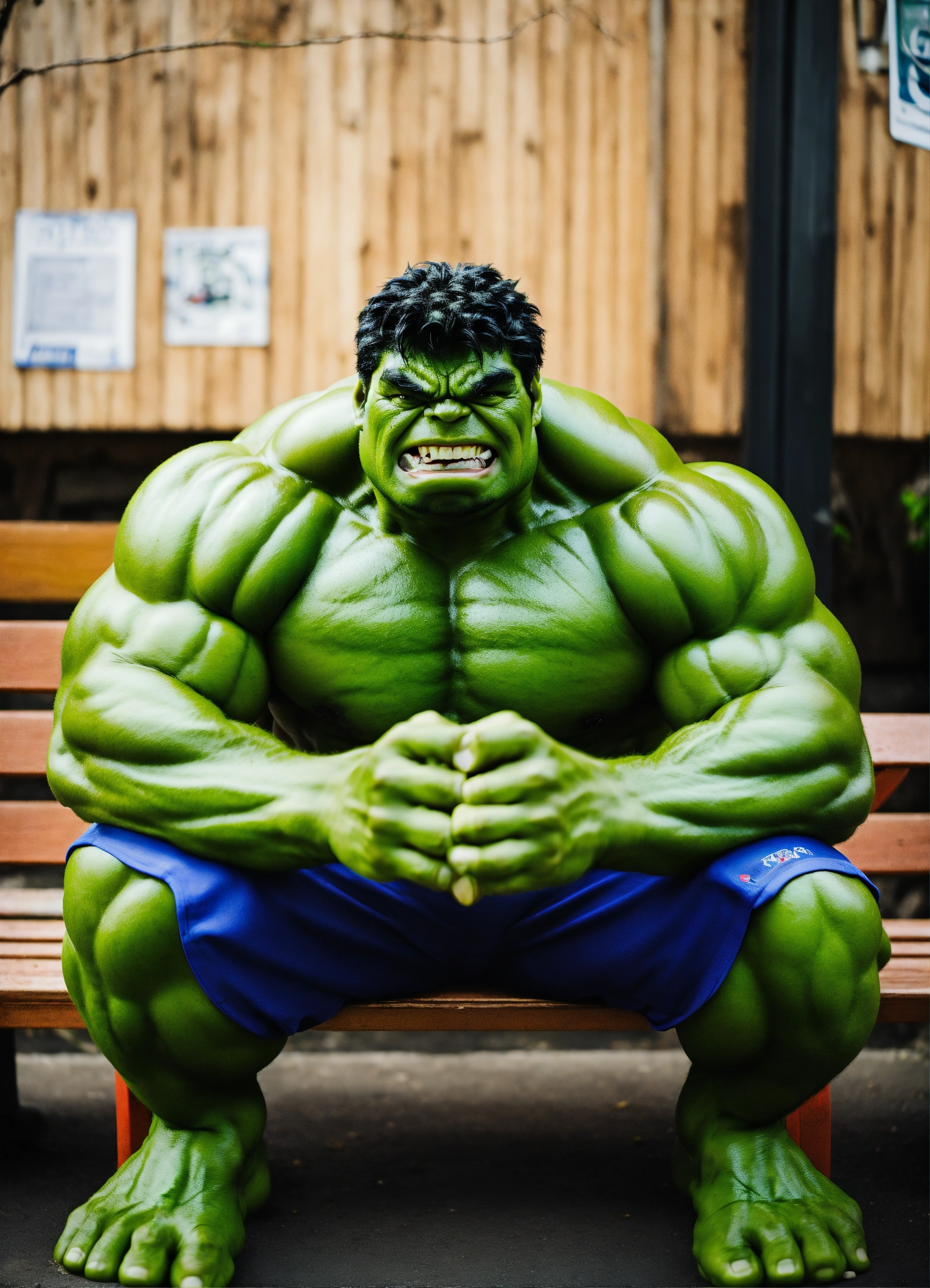 Lexica - Photography, Hulk being a sumo sitting on a bench, camera in ...