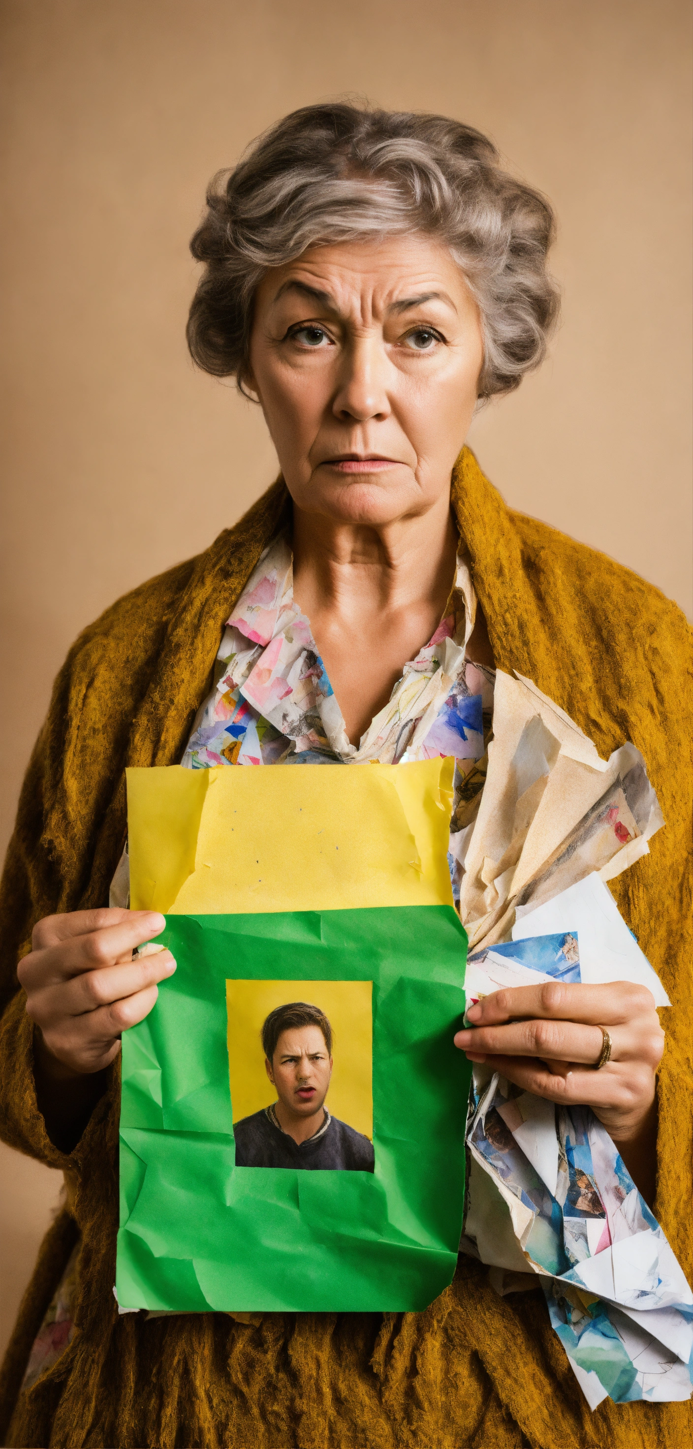 Lexica - Angry aunt holding crumpled torn colored paper with photos and ...
