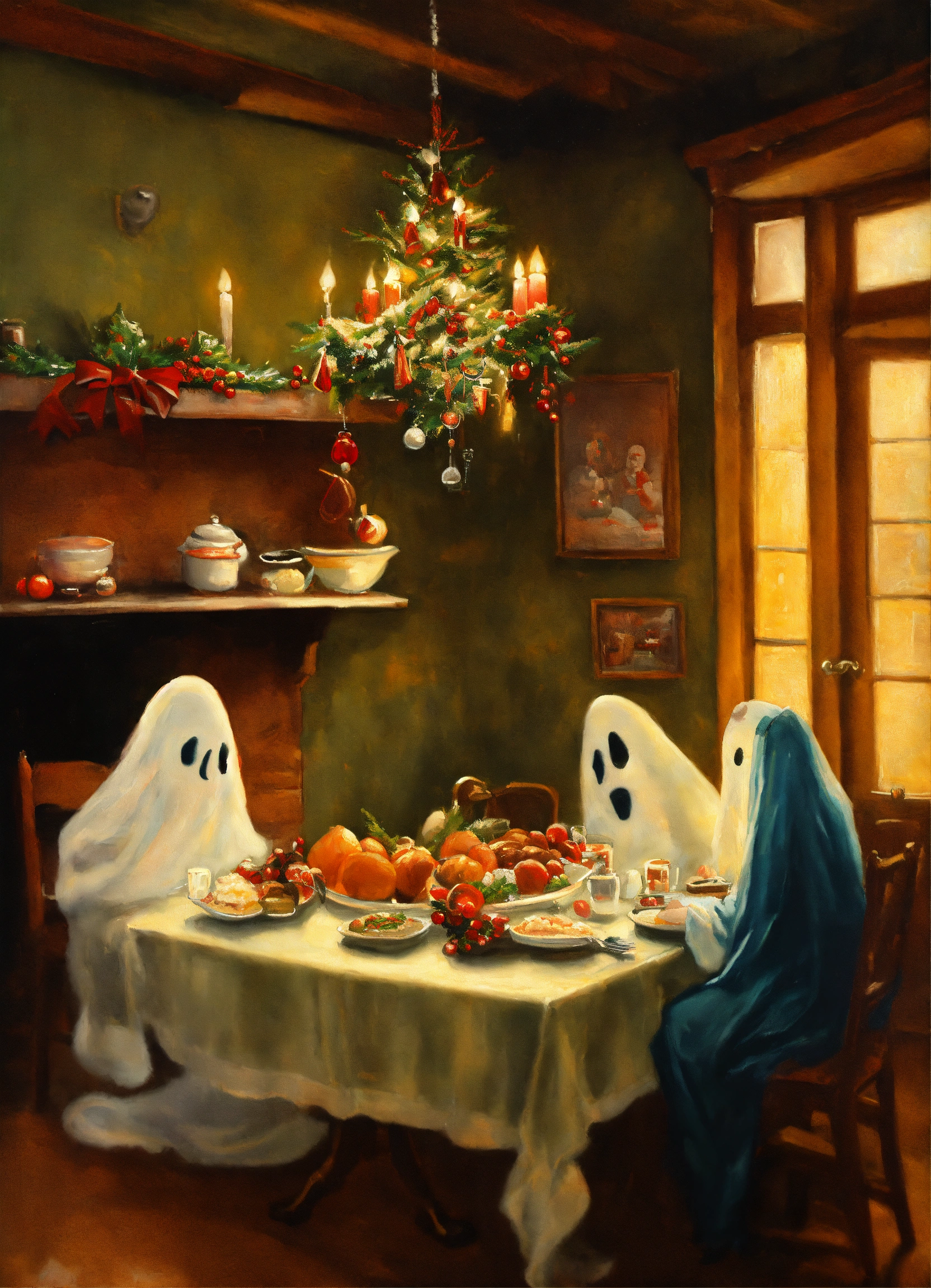 Lexica - Ghosts in a vintage kitchen enjoying their Christmas meals oil ...
