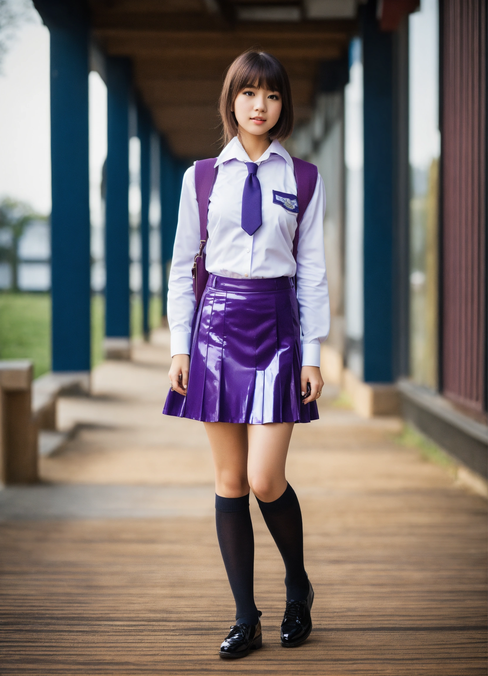 Lexica - Girl in glossy purple school uniform miniskirt