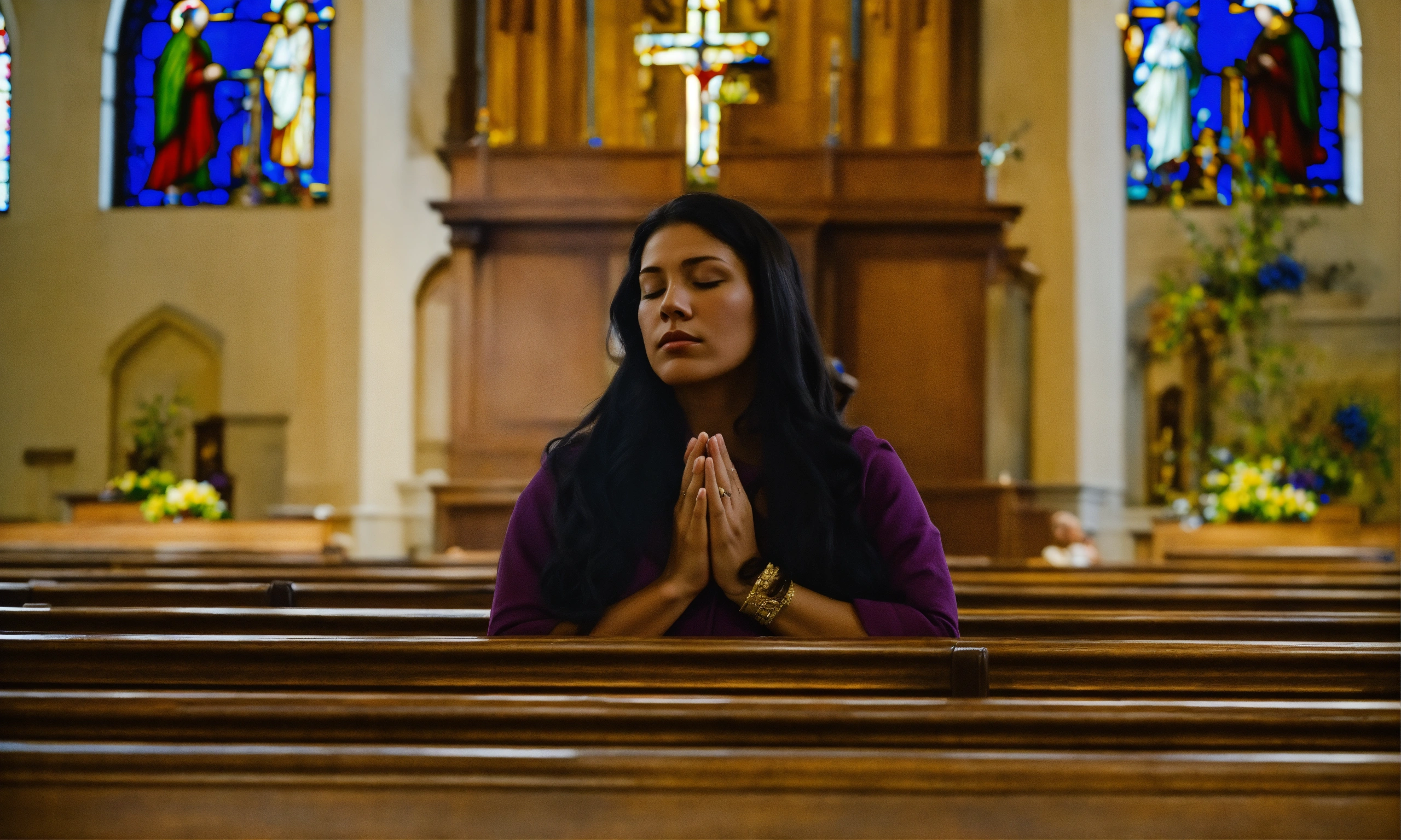 Lexica - Oil painting of a woman praying on a church pew