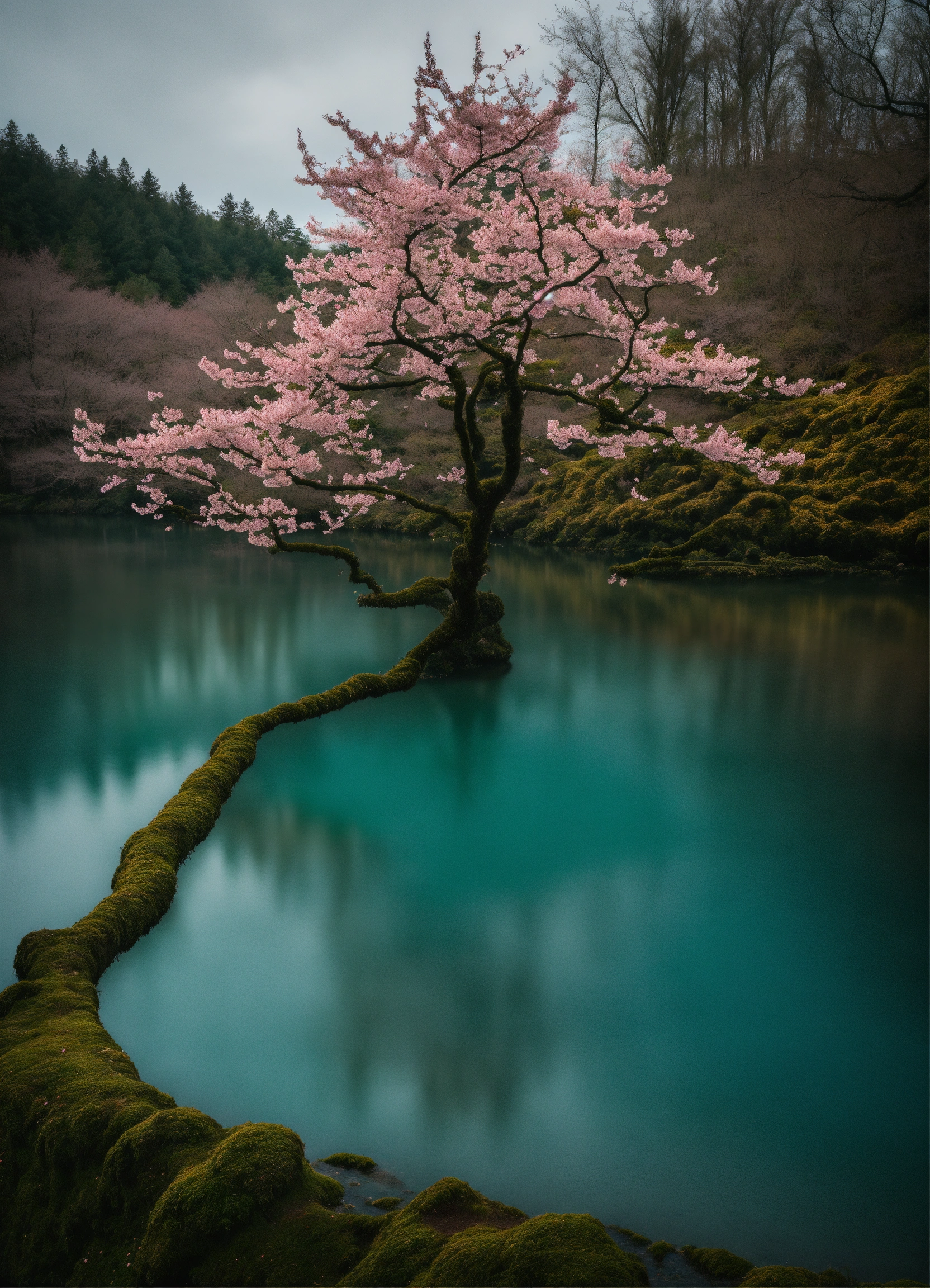 Lexica - Minimal, cinematic, a blooming cherry blossom tree, forest ...