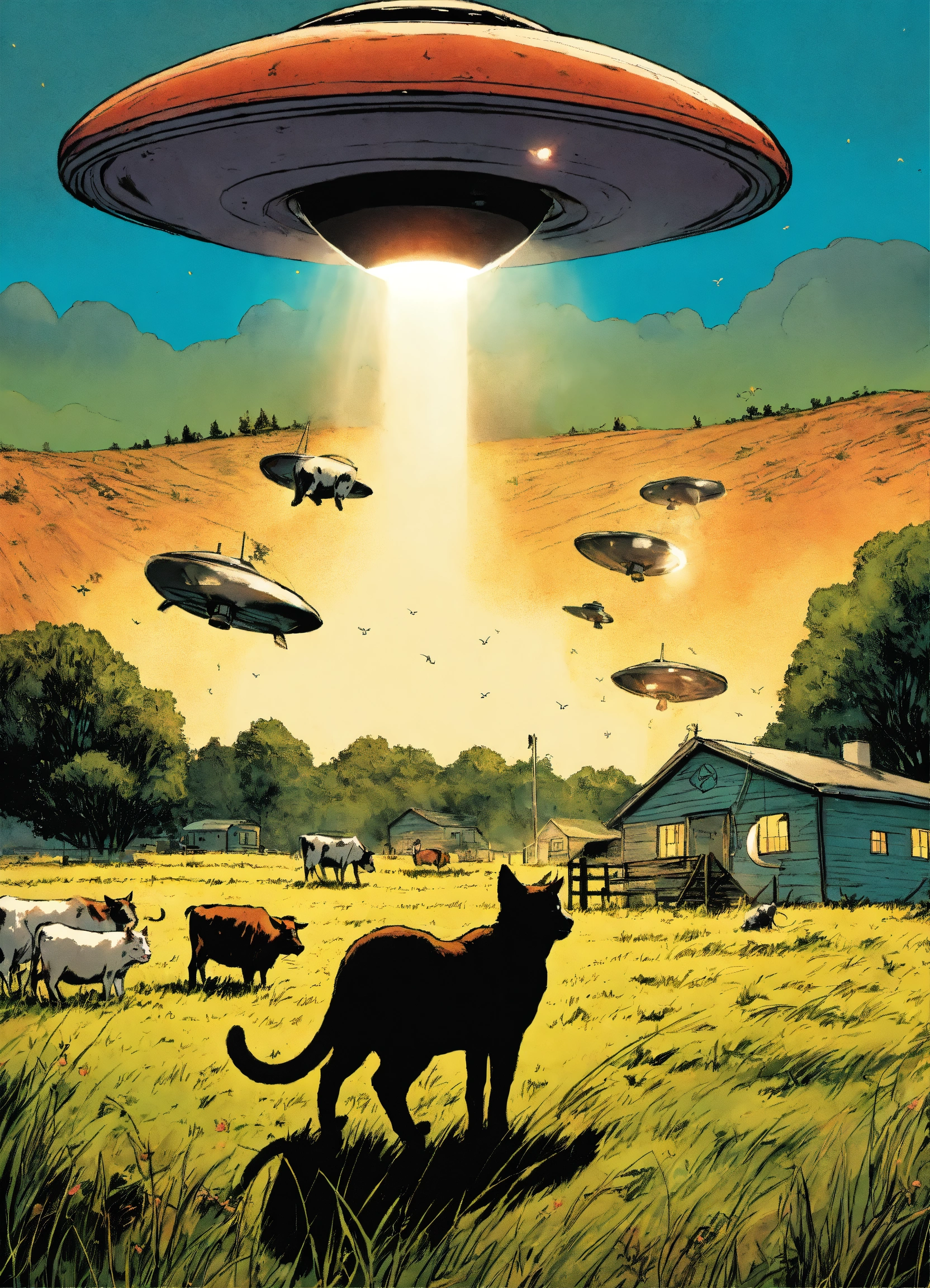 Lexica - Dramatic comic book poster. scared cat up close, in background ...