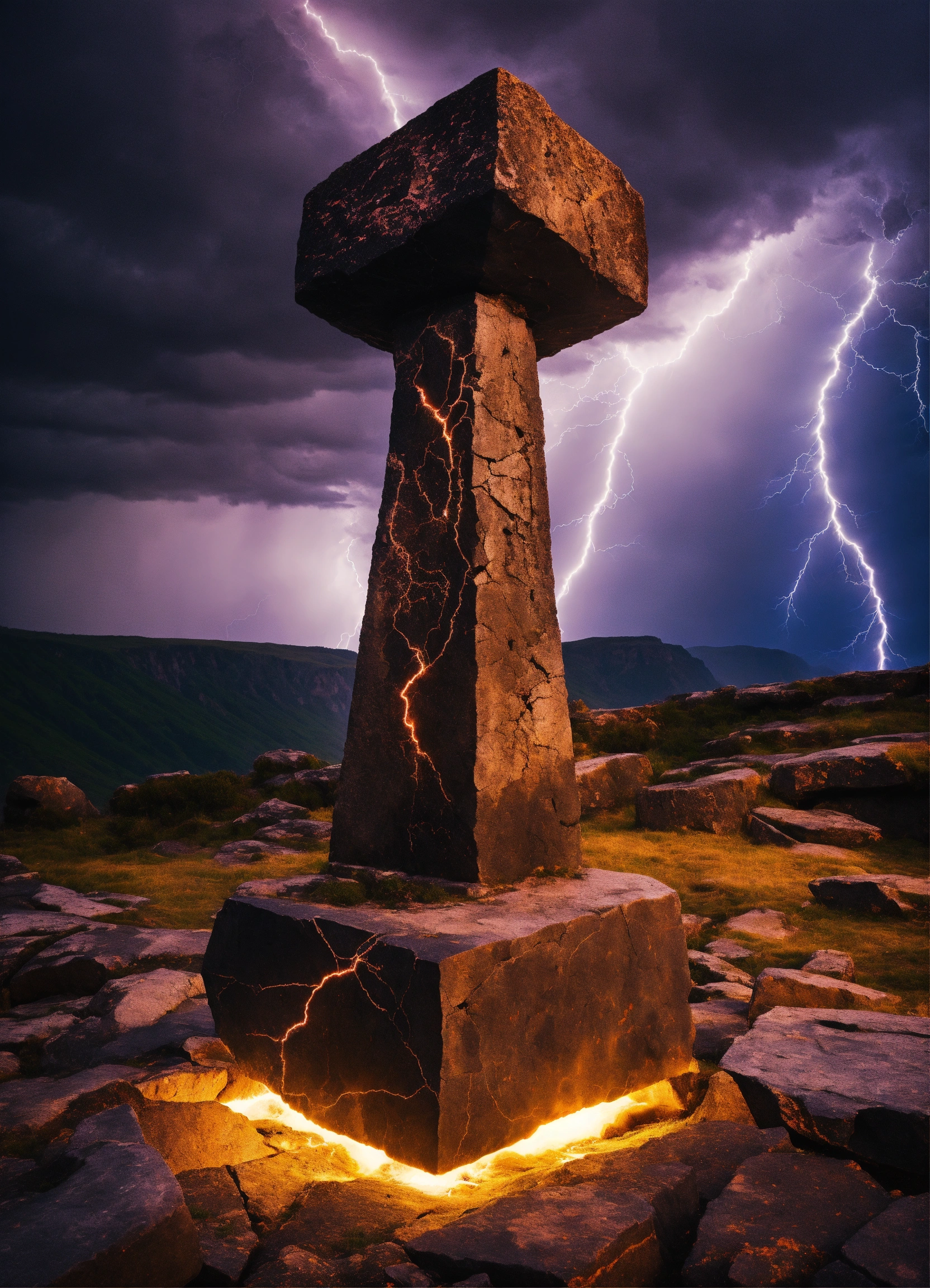 Lexica - Thors hammer, lightning, cracked stone, dramatic background