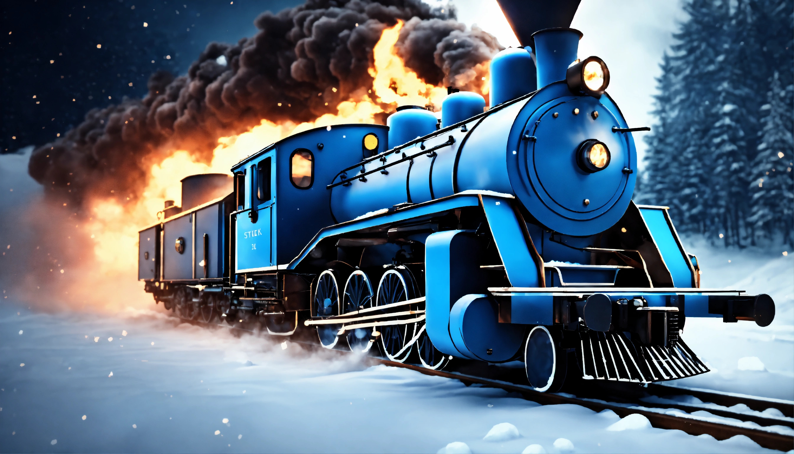 Lexica - 3D Cartoonish An old baby blue railway engine rushing through ...