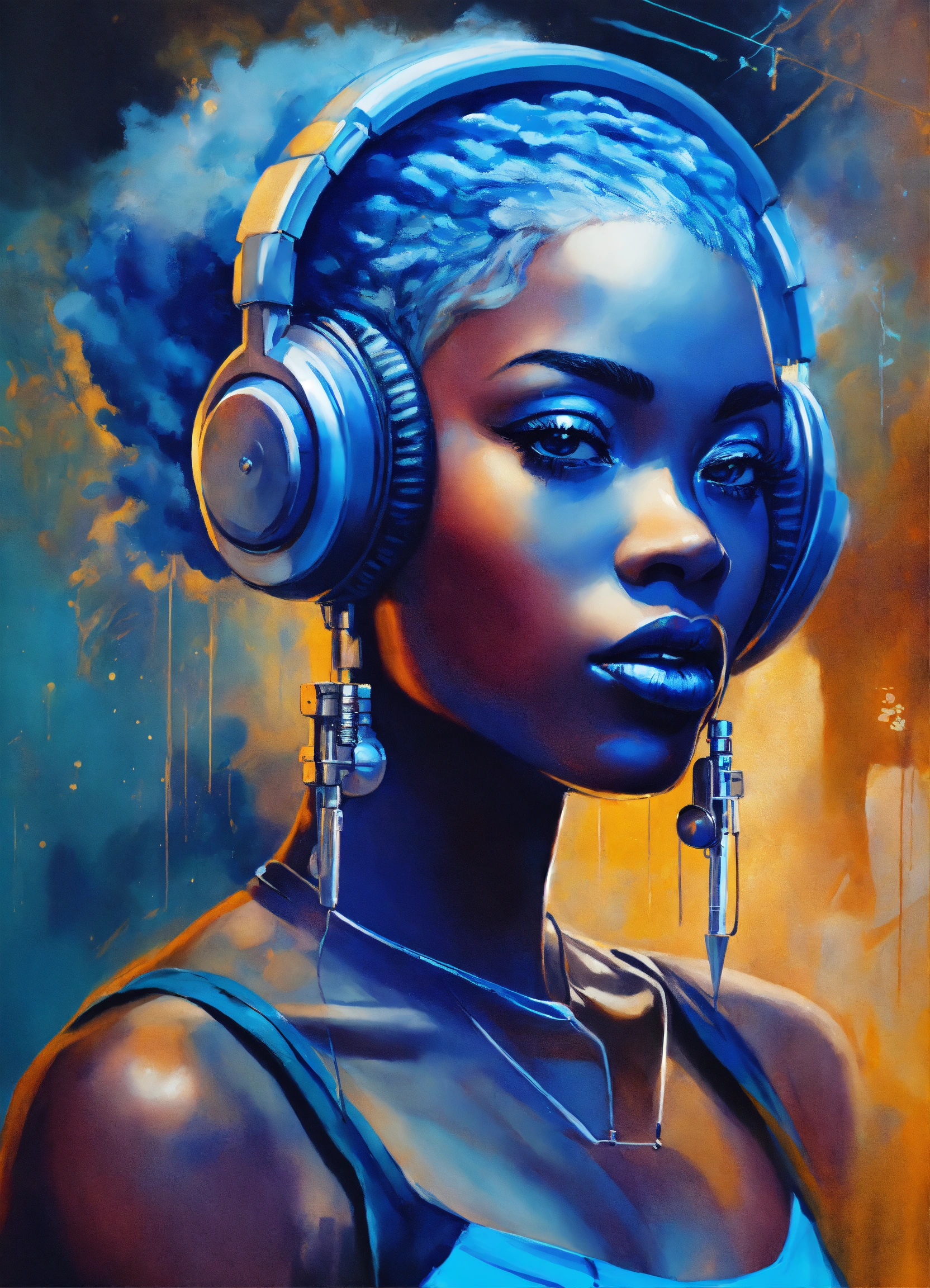 Lexica - A beautiful woman with blue hair and music notes, an airbrush ...
