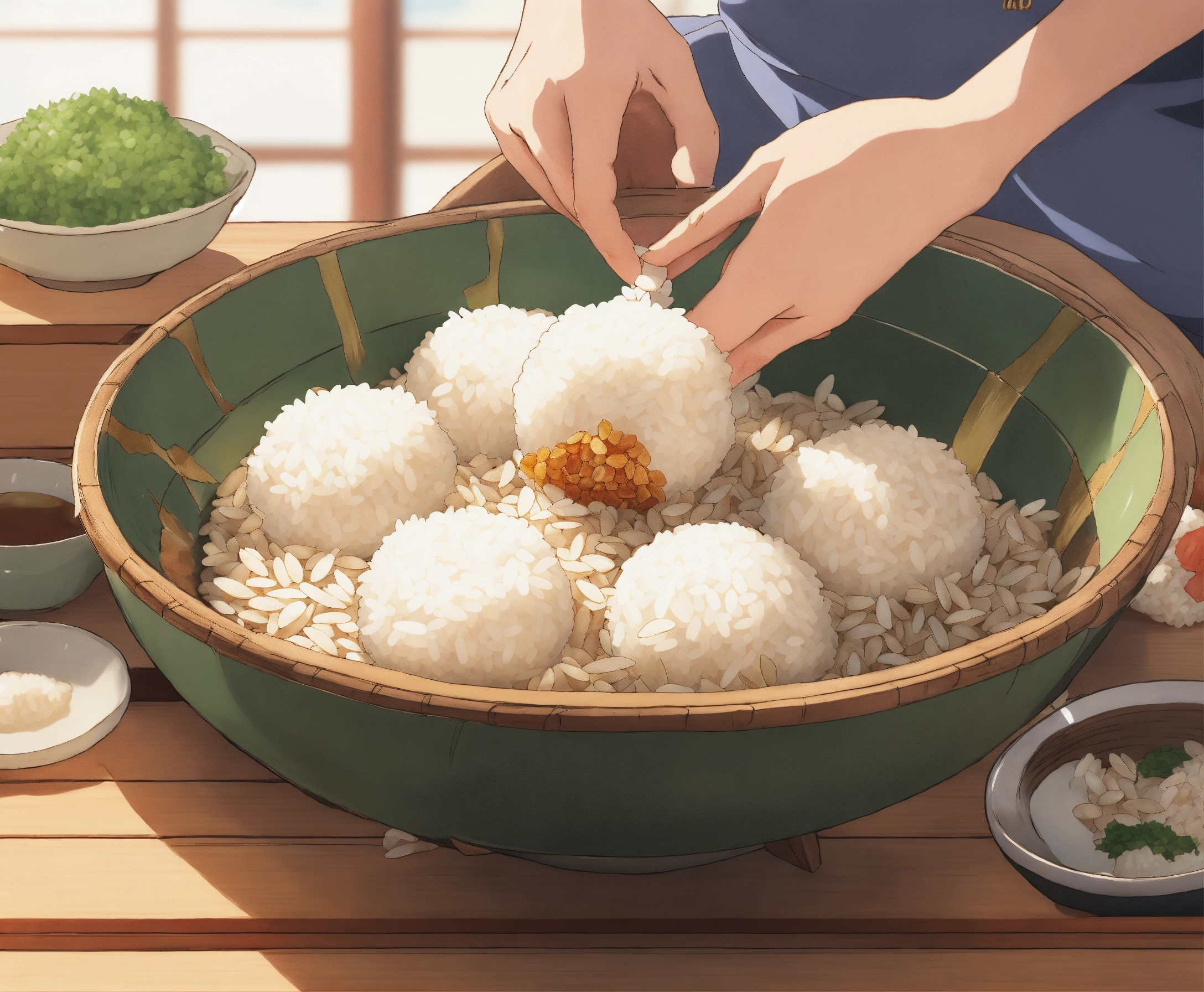 Lexica - A picture of rolling a rice ball, anime style.