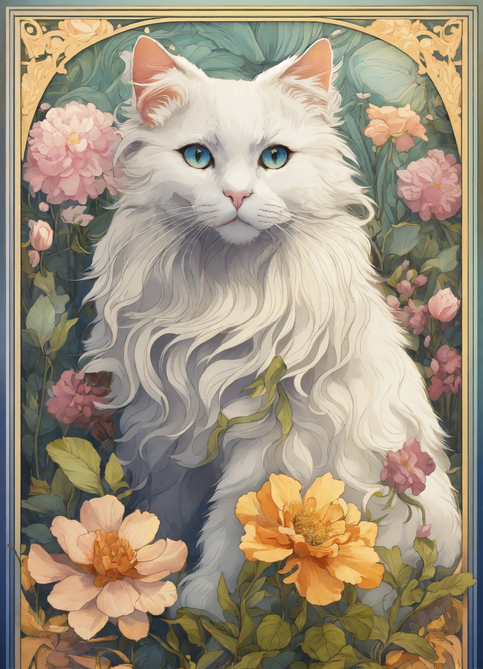 Lexica - Art nouveau overwhelmingly beautiful fluffy white cat framed ...