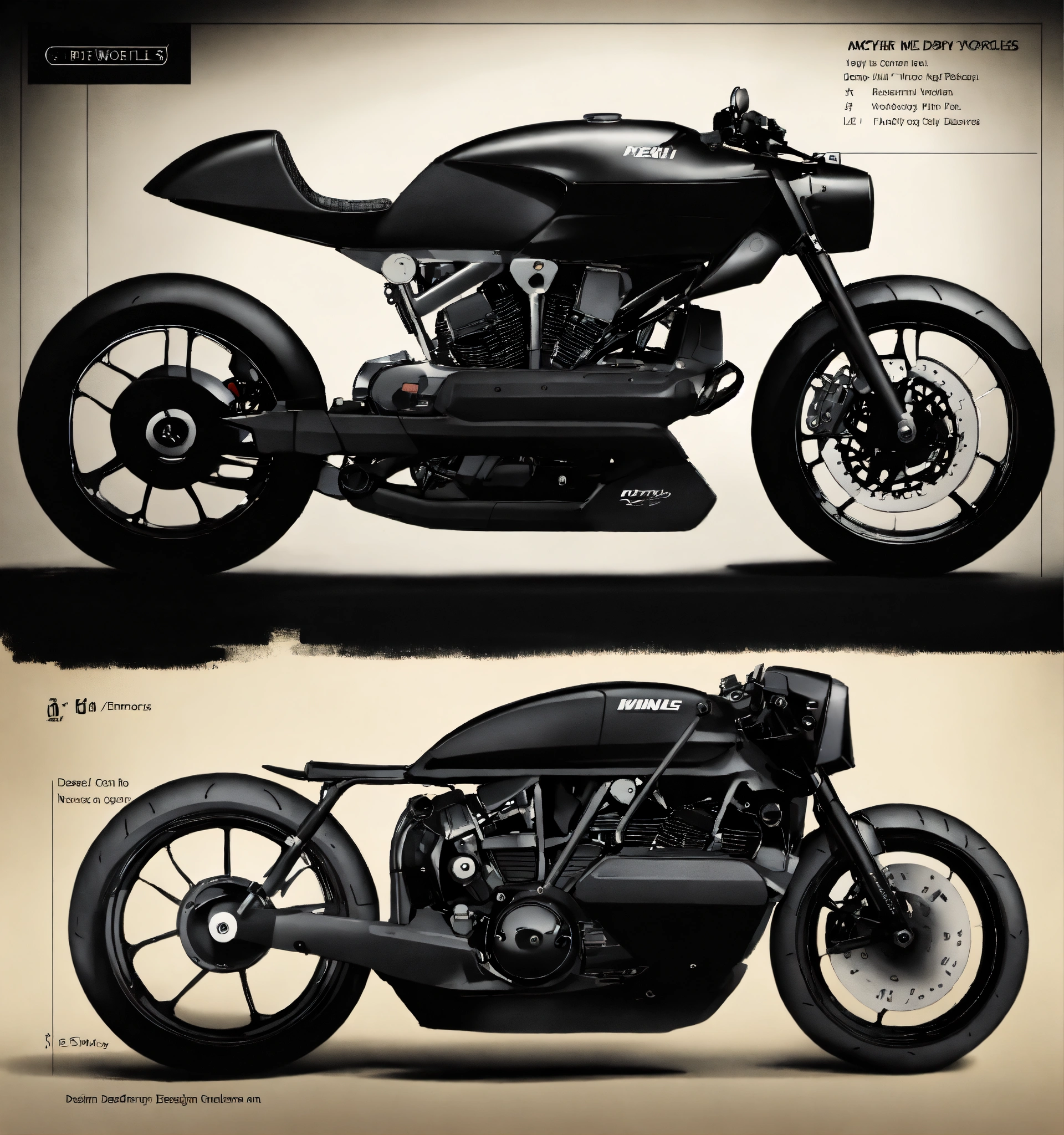 Lexica - Designing motorcycles, ebony hues, designing sheet, sketch out ...