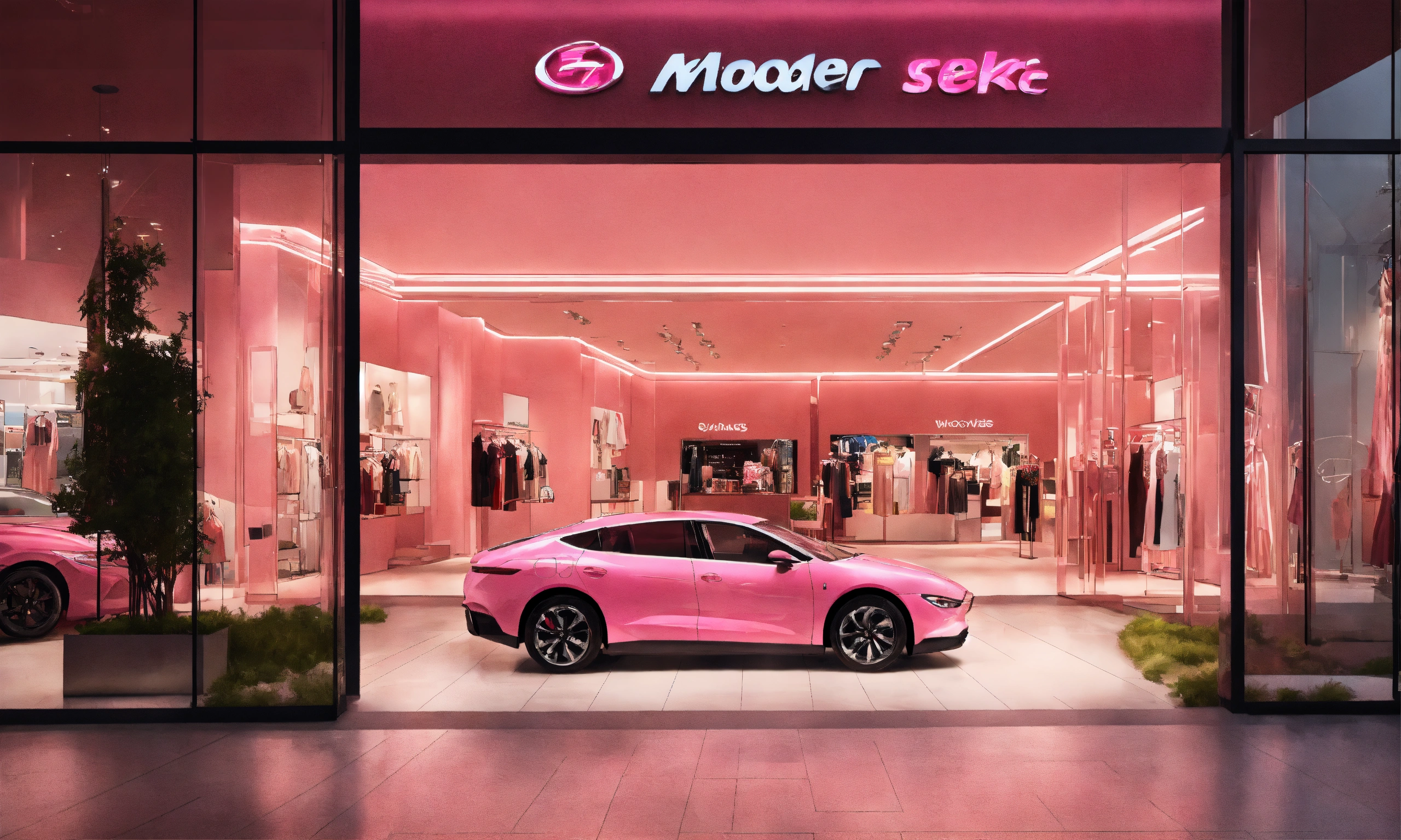 Lexica - Indoor, inside mall, small store, car rental store, pink car ...