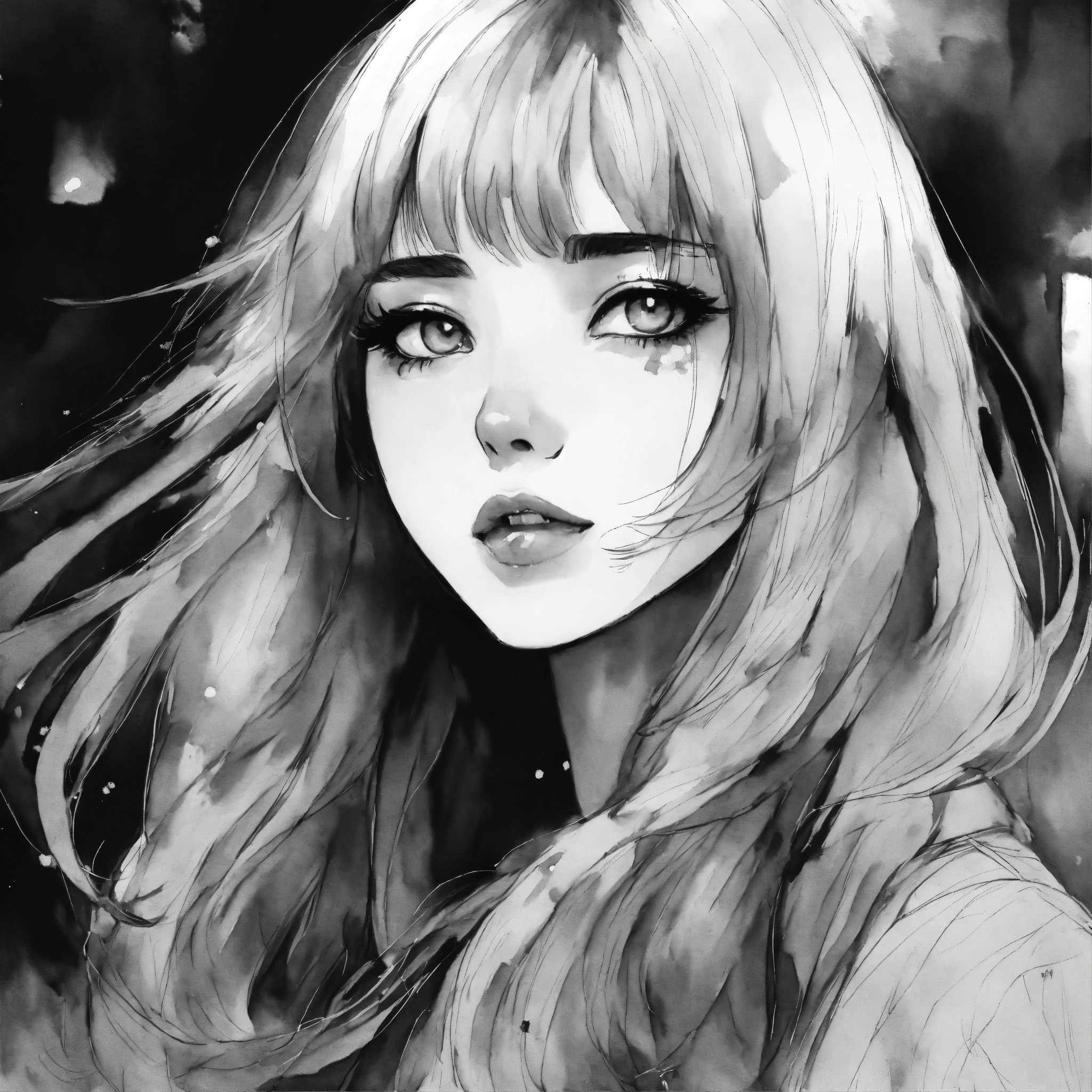 Lexica - A black and white picture of an anime girl in long hair, in ...