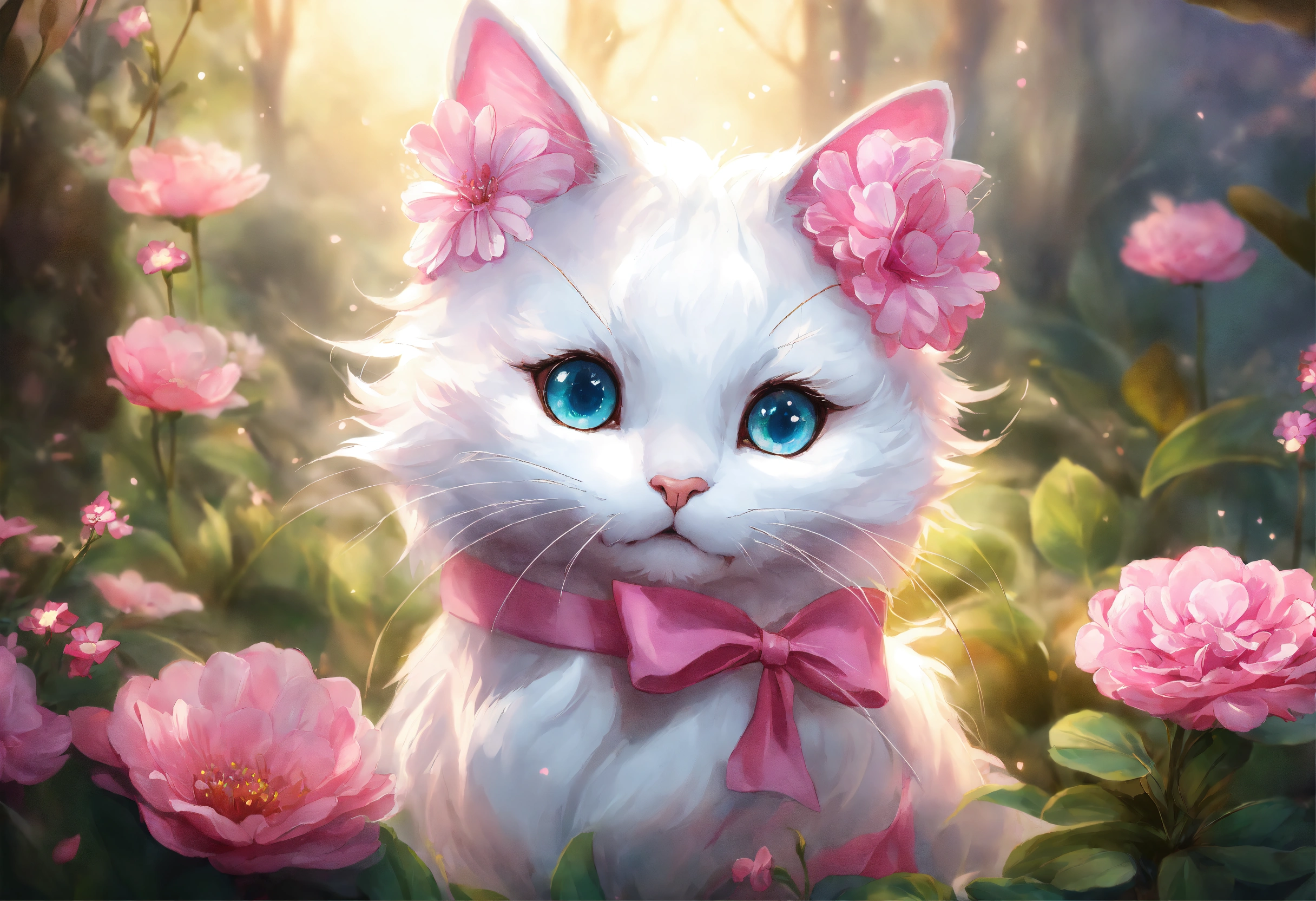 Lexica - Ethereal fantasy concept art of chibi white cat with pink bow ...