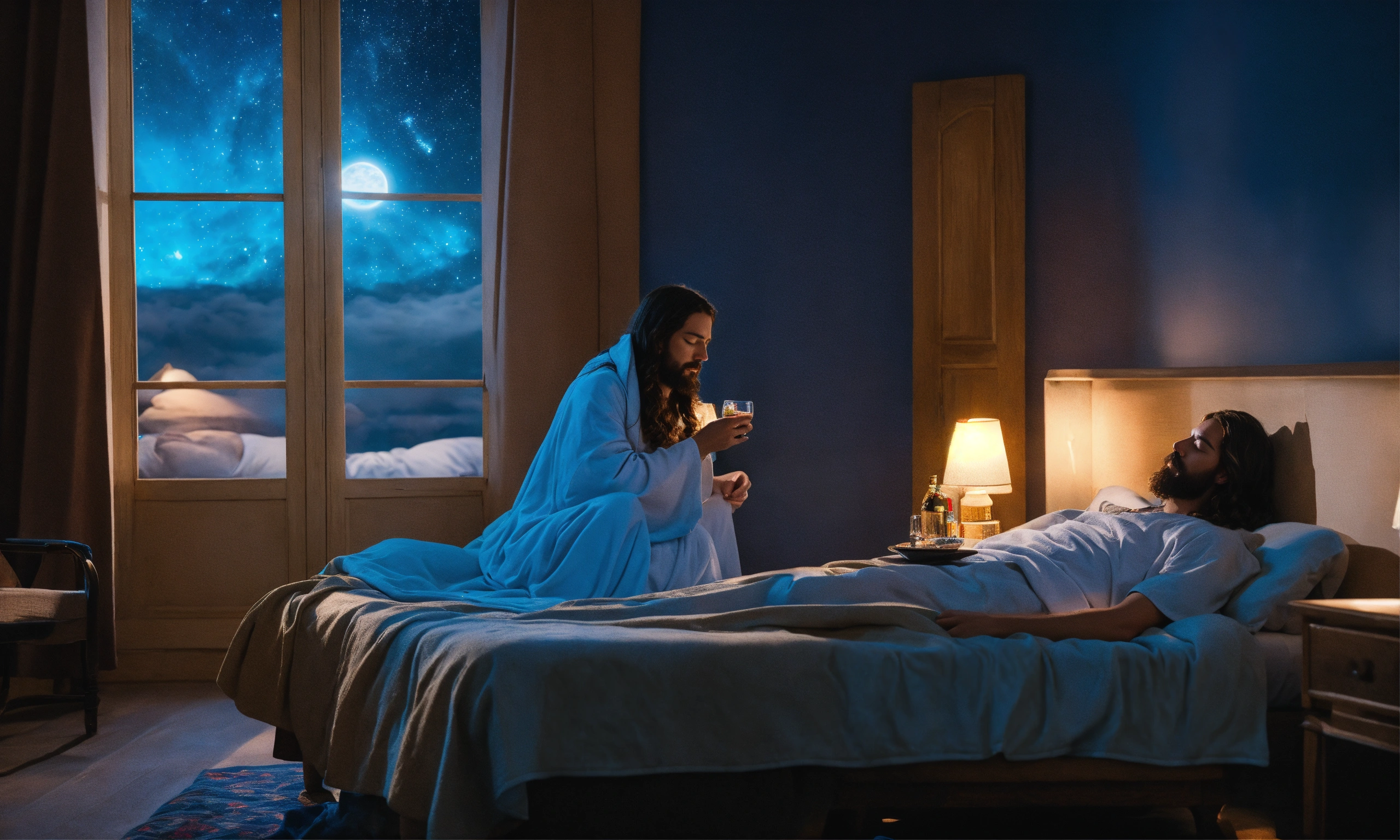 Lexica - Jesus christ seated in the bed watching a woman sleeping, blue ...