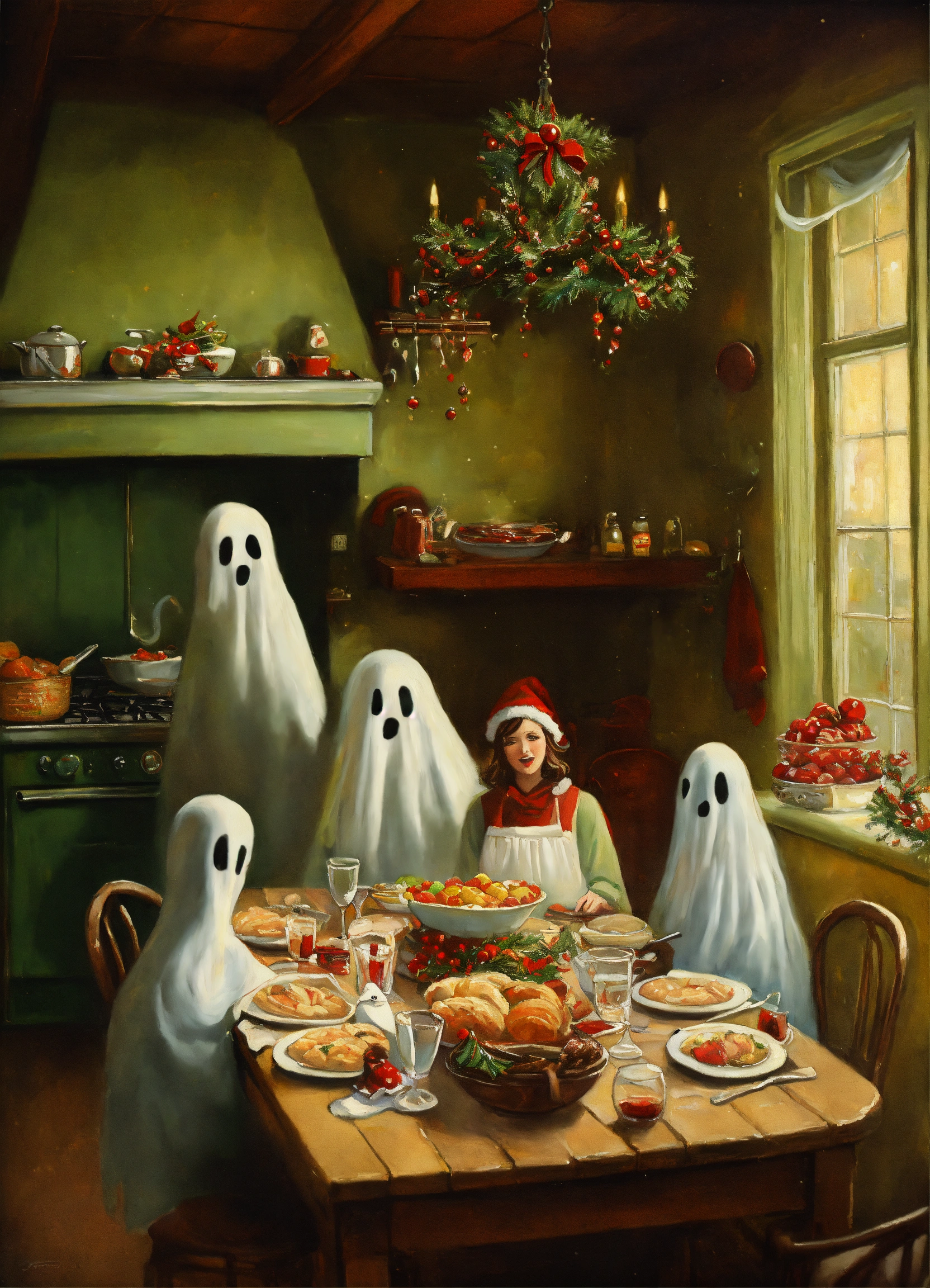 Lexica - Ghosts in a vintage kitchen enjoying their Christmas meals oil ...