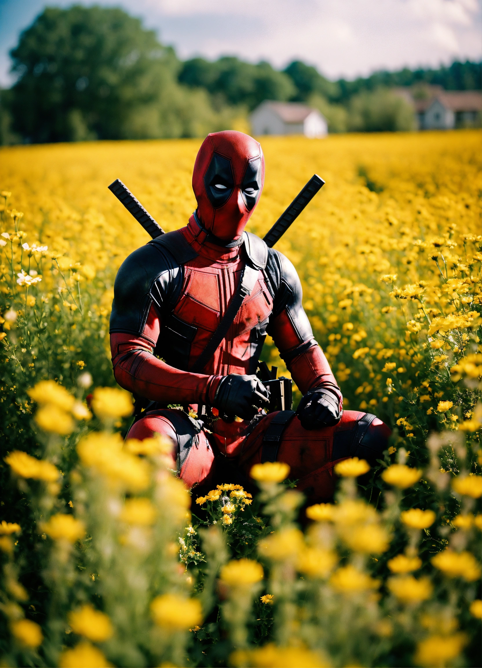 Lexica - Happy Deadpool standing in a beautiful field of flowers ...
