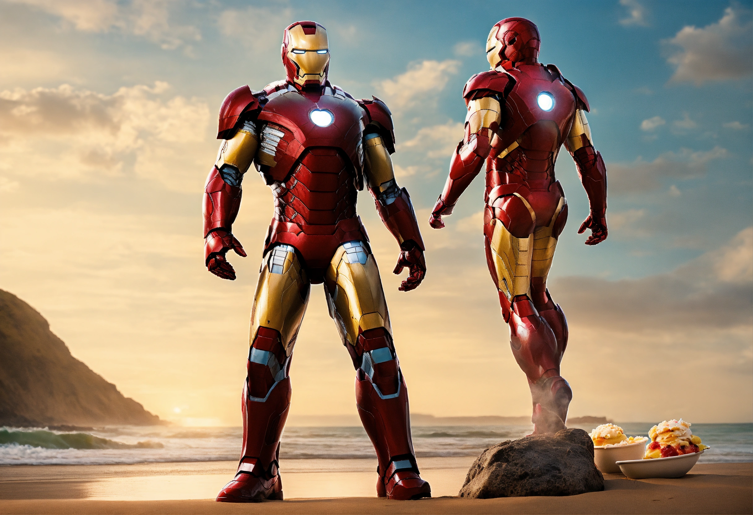 Lexica - Herói iron man, sentado na praia, comendo sorvete e milkshake 8k
