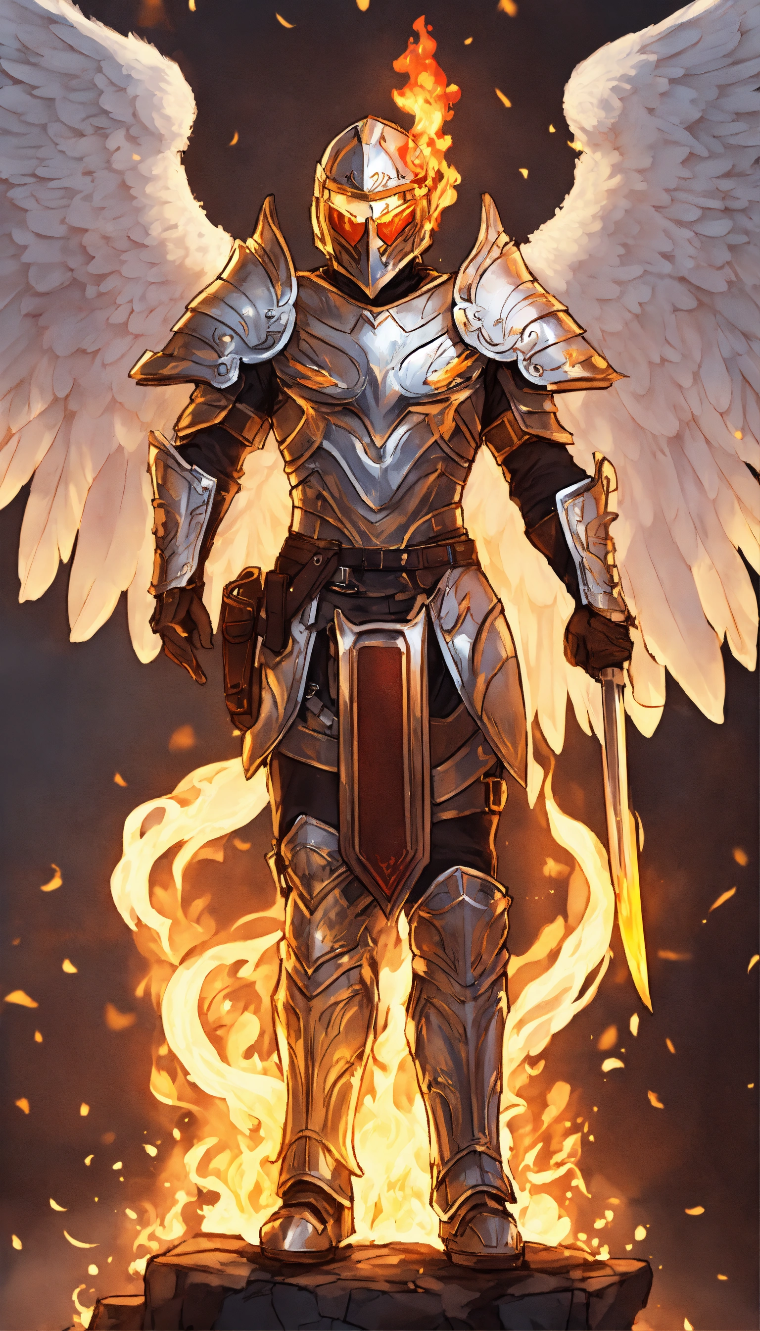 Lexica - Male Angel in body armor with flaming sword and white wings ...