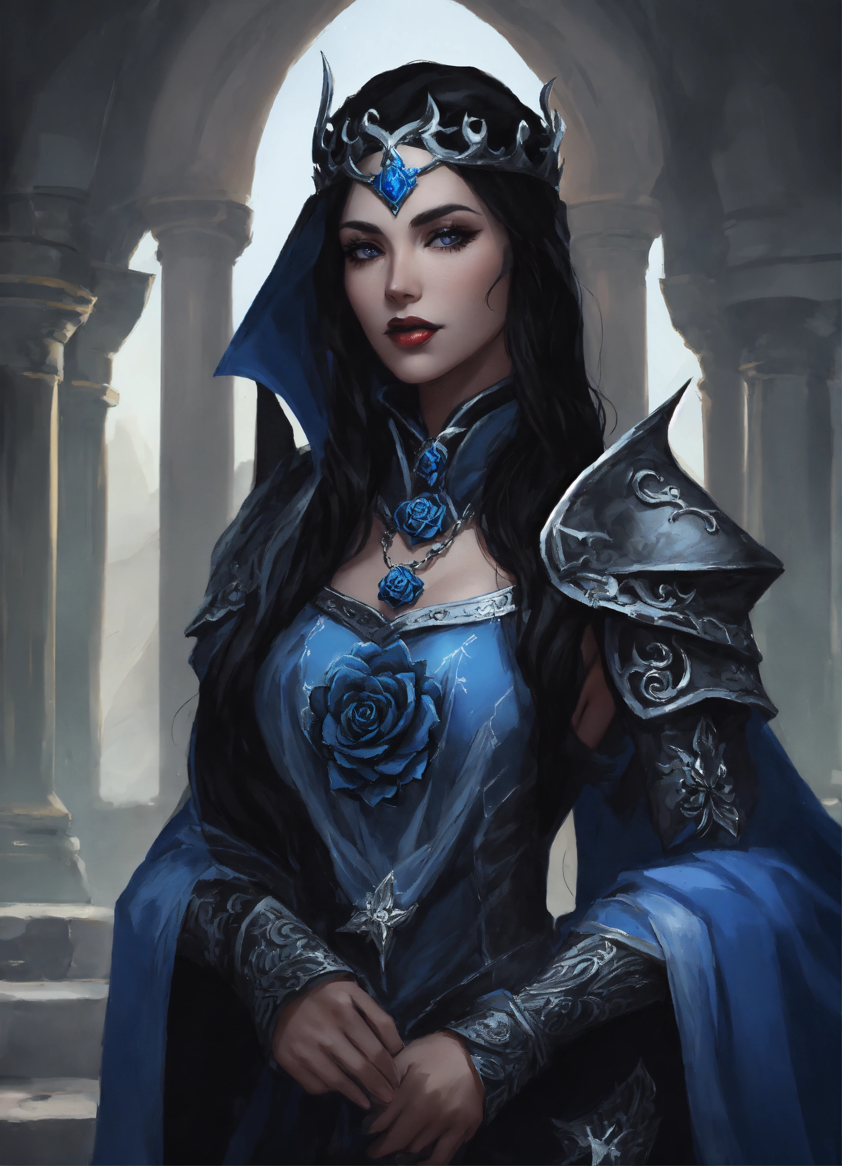 Lexica - Lich queen with bluish skin, dark hair, and charcoal silk ...