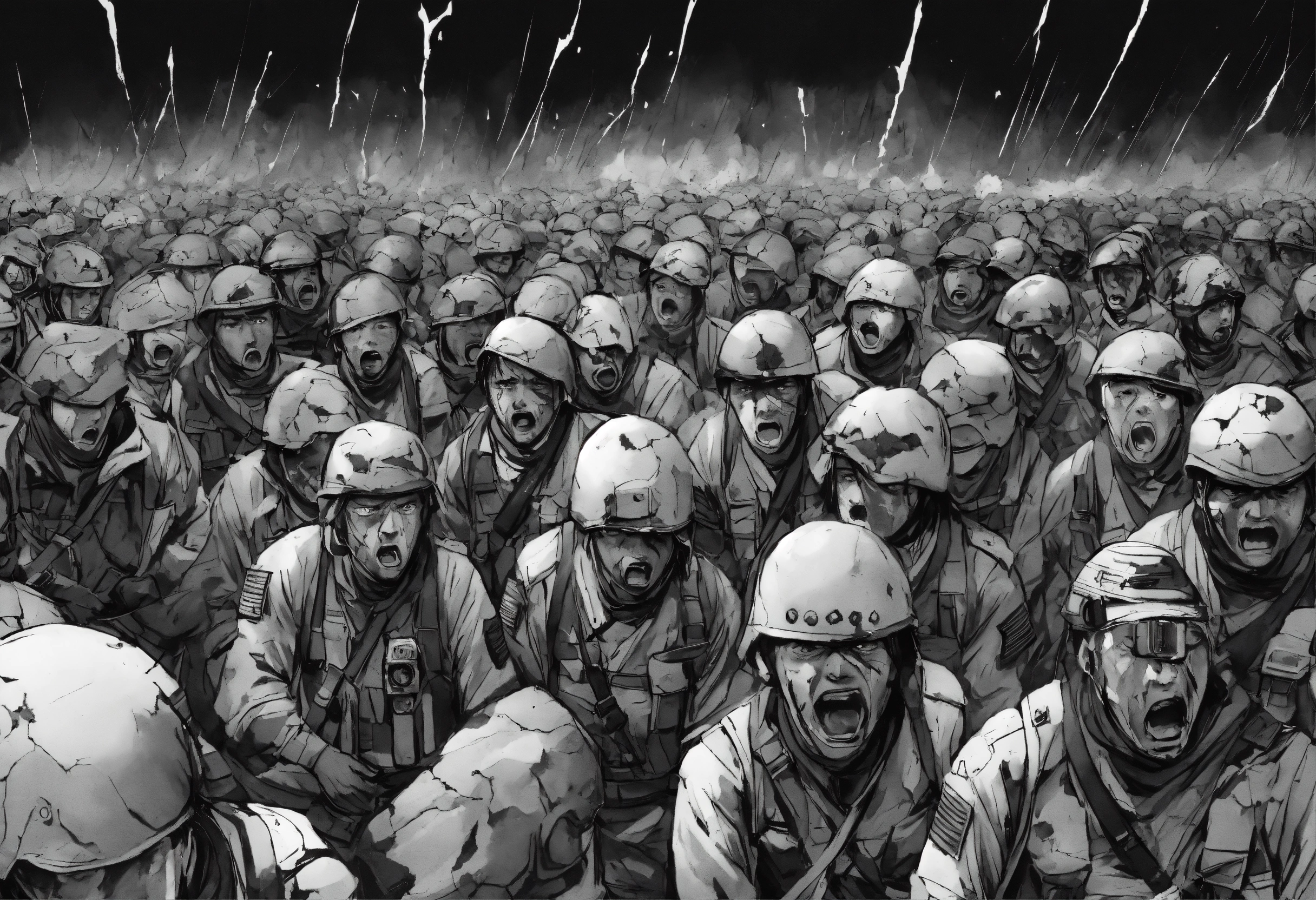 Lexica - Black and white illustration of small army of enraged soldiers ...