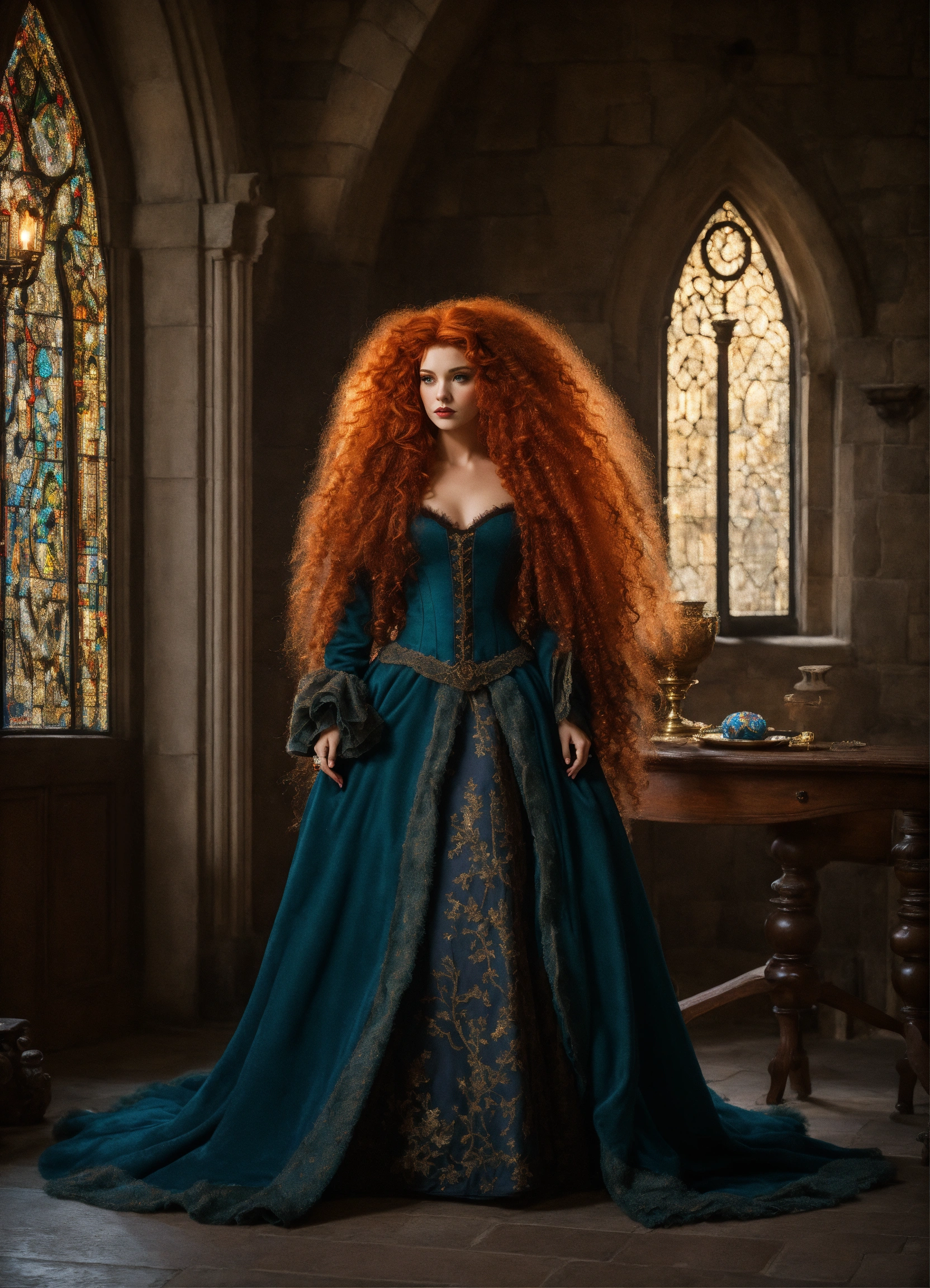 Lexica - "gothic adult Merida", huge curly hair, dramatic, castle ...