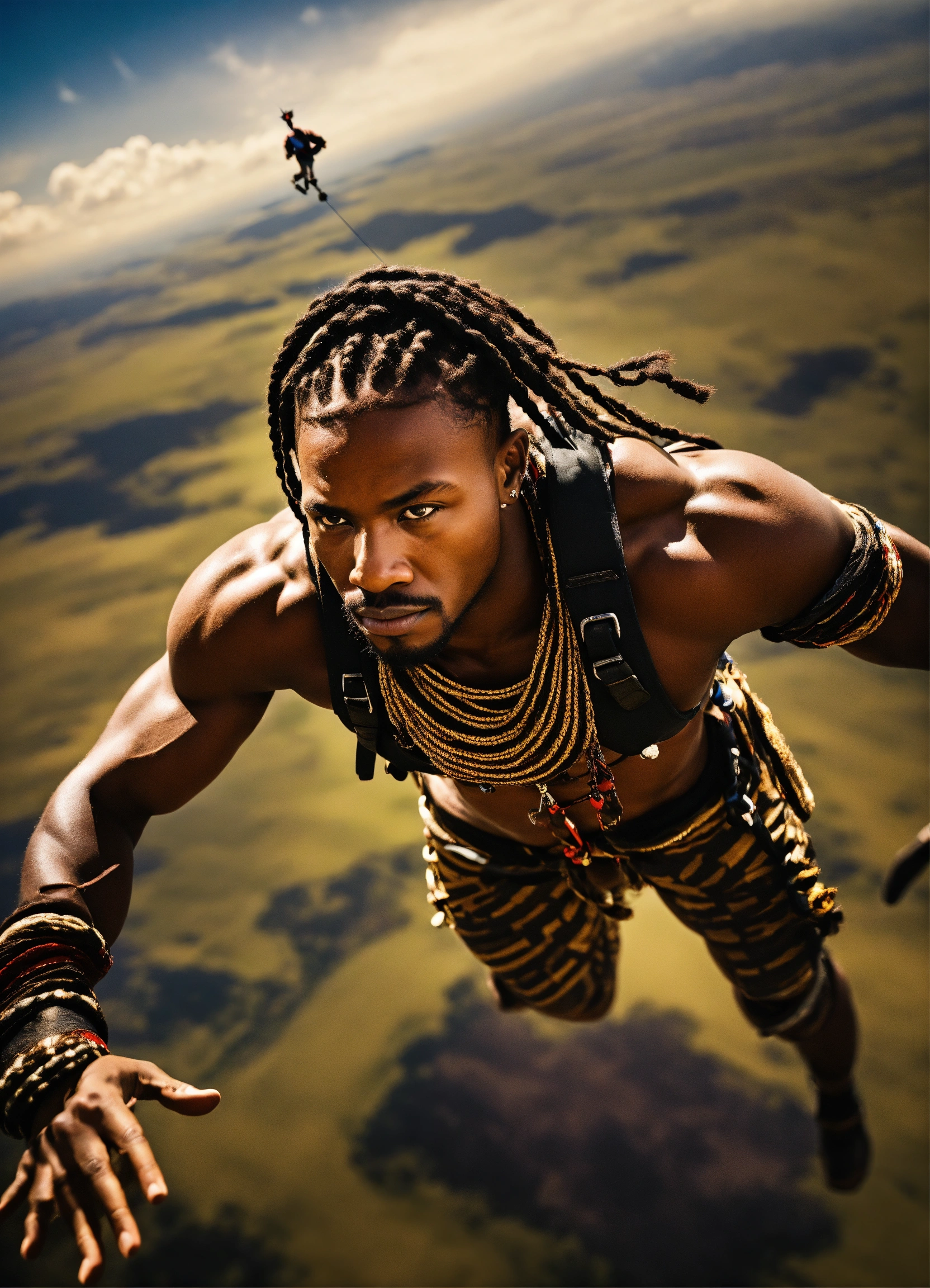 Lexica - Dramatic aerial photograph of a muscular African warrior with ...