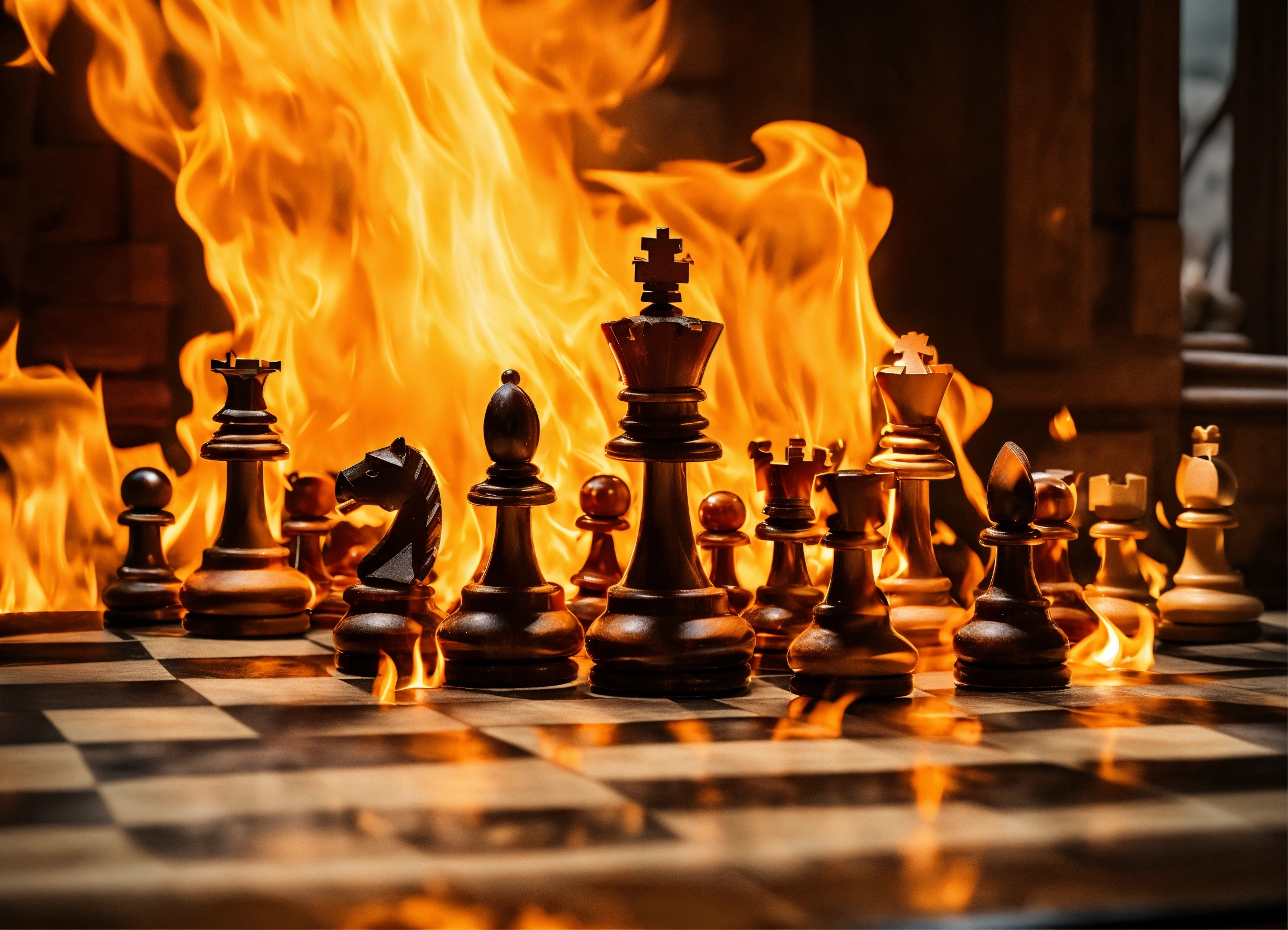 Lexica - Chess board with stone pieces, all is on fire