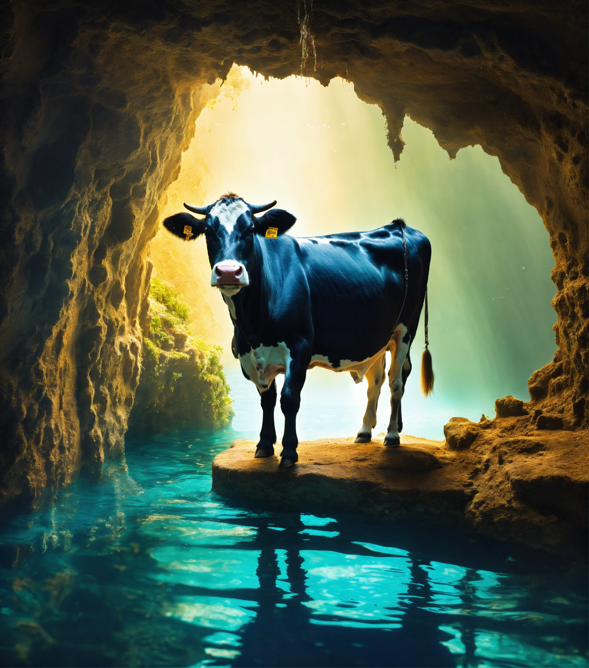 Lexica - A cow standing in an underwater cave hanging a board named ...