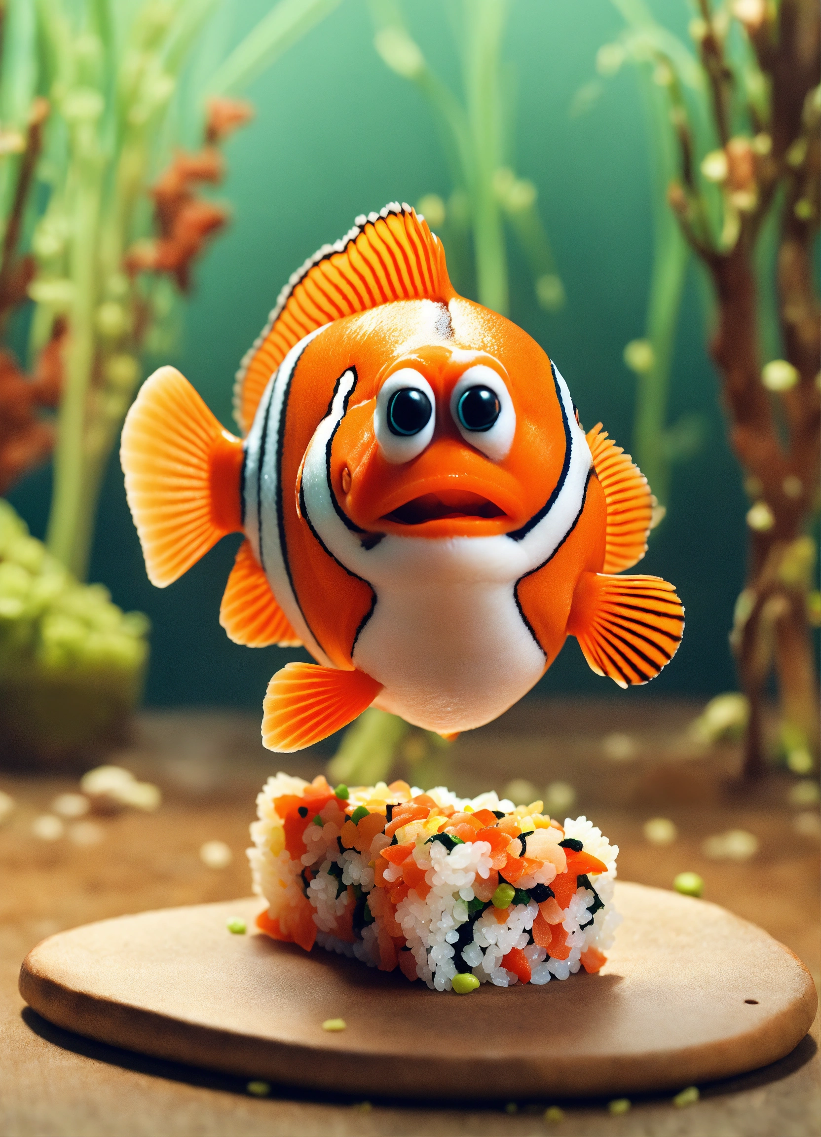 Lexica - A clownfish standing on 2 legs, eating sushi, claymation, 8k