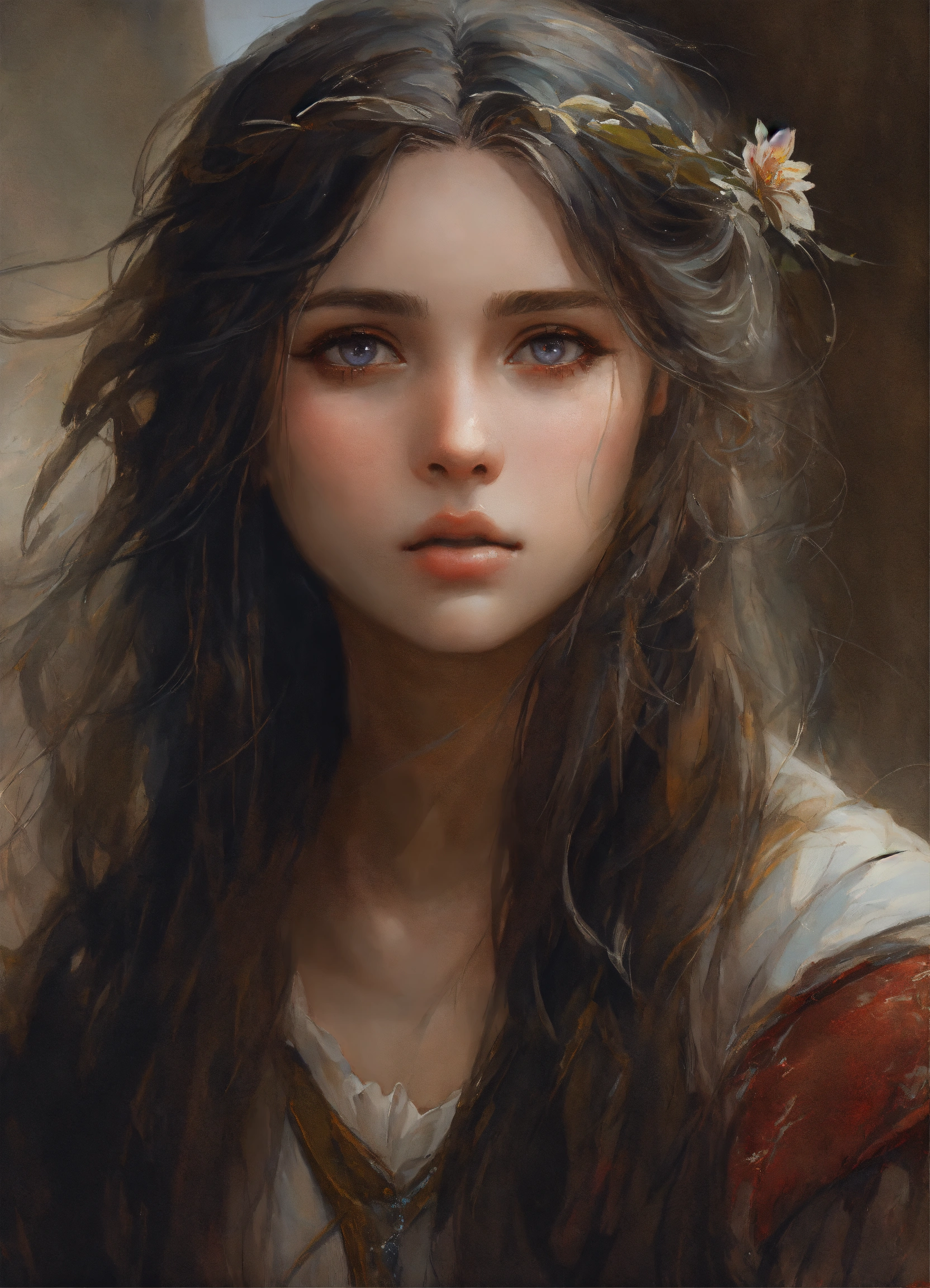 Lexica - Young peasant girl, dark long styled flowy hair, silver eyes ...