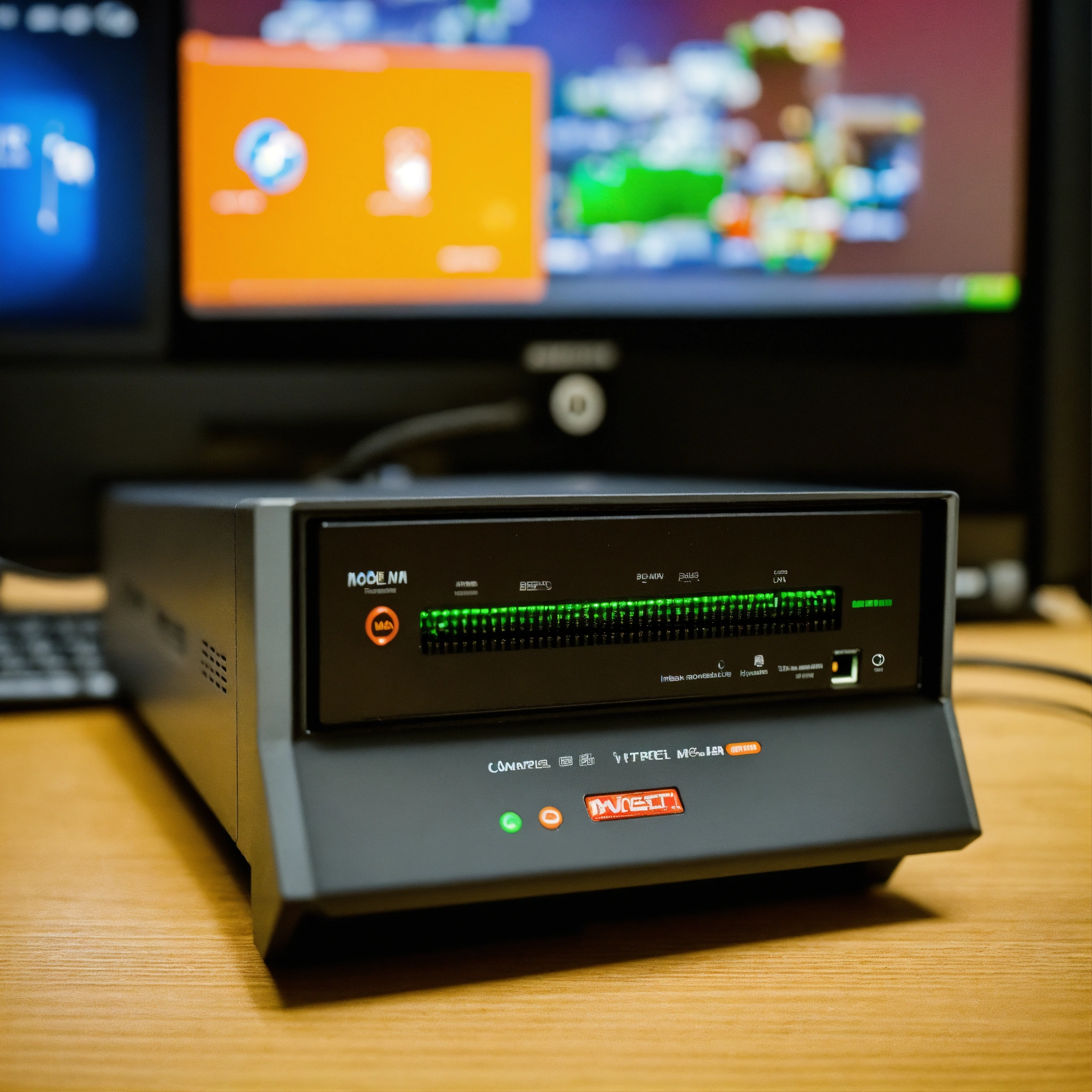 Lexica - A photo of an Internet modem. The modem is connected to a computer with a cable. The ...