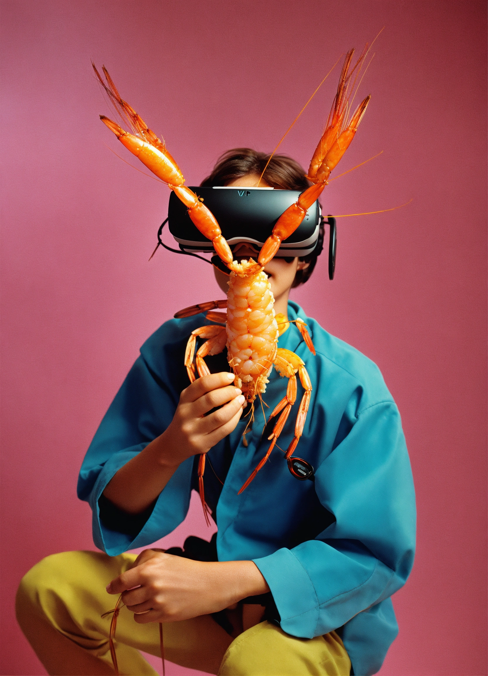 Lexica - A shrimp wearing VR goggles, 1990s product photography