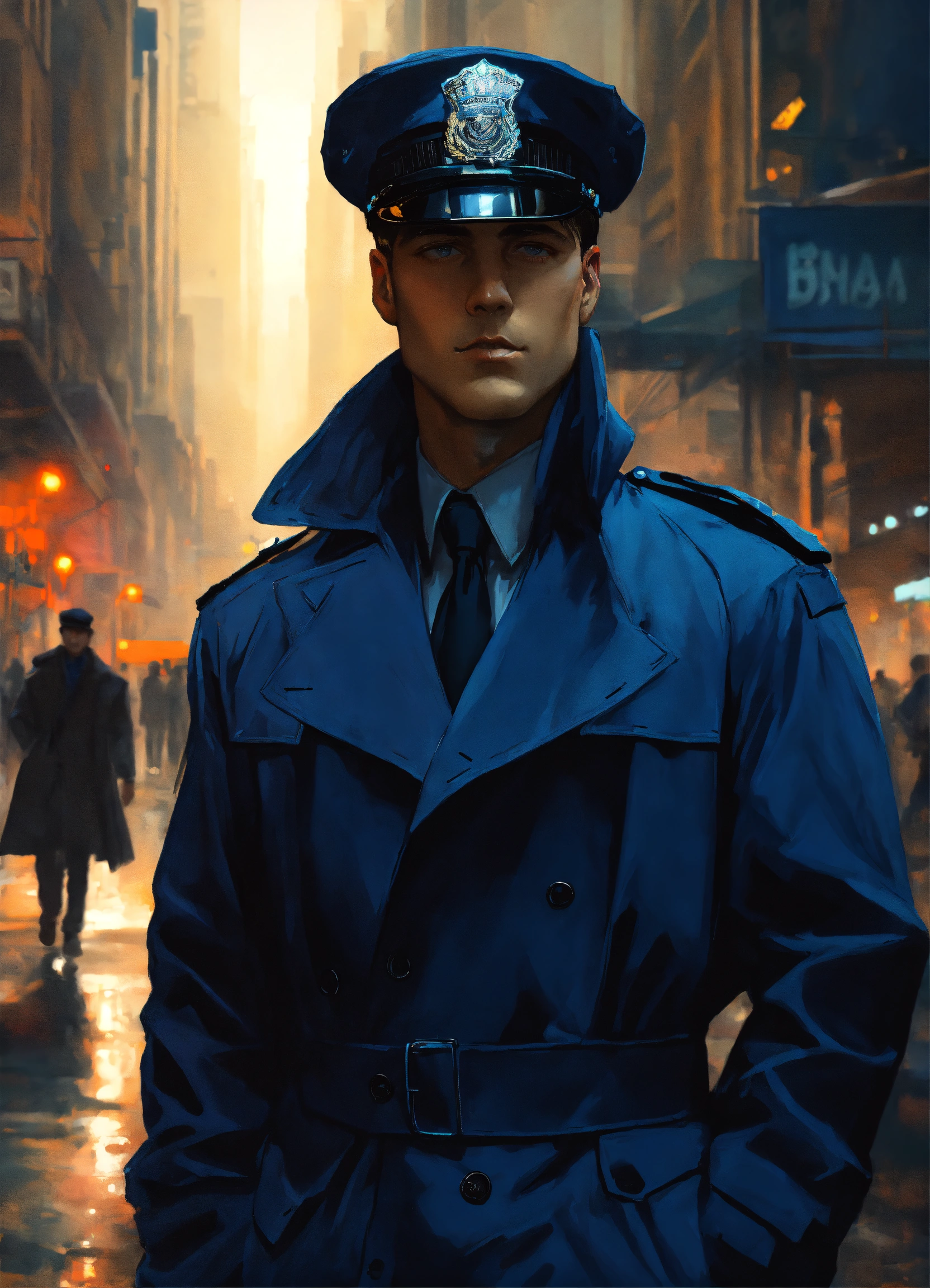 Lexica - White male cop wearing a light navy trench coat, dark ...