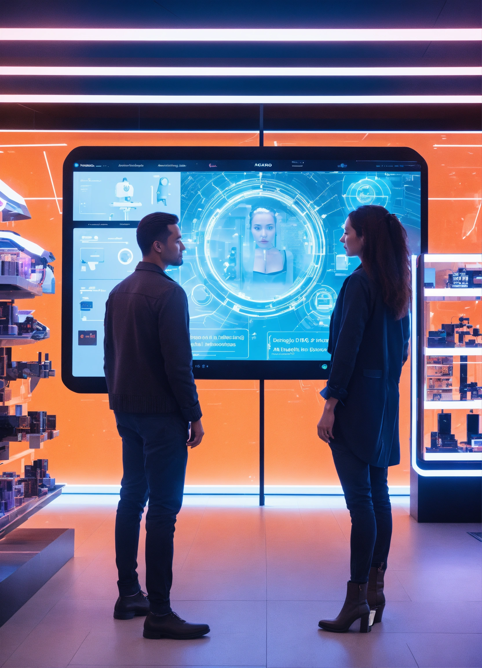 Lexica - Portrait of a man and woman in a futuristic retail store with ...