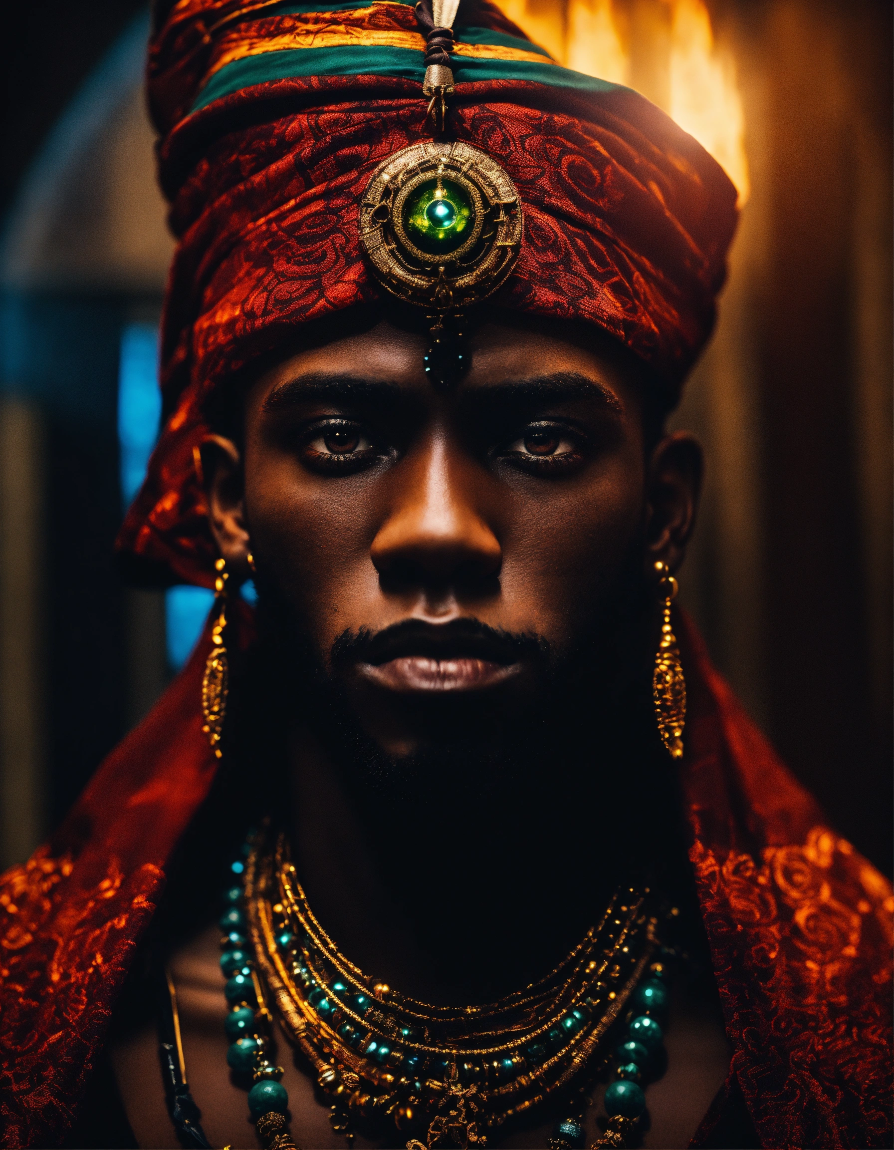 Lexica - Dramatic headshot of a young handsome wicked African sorcerer ...