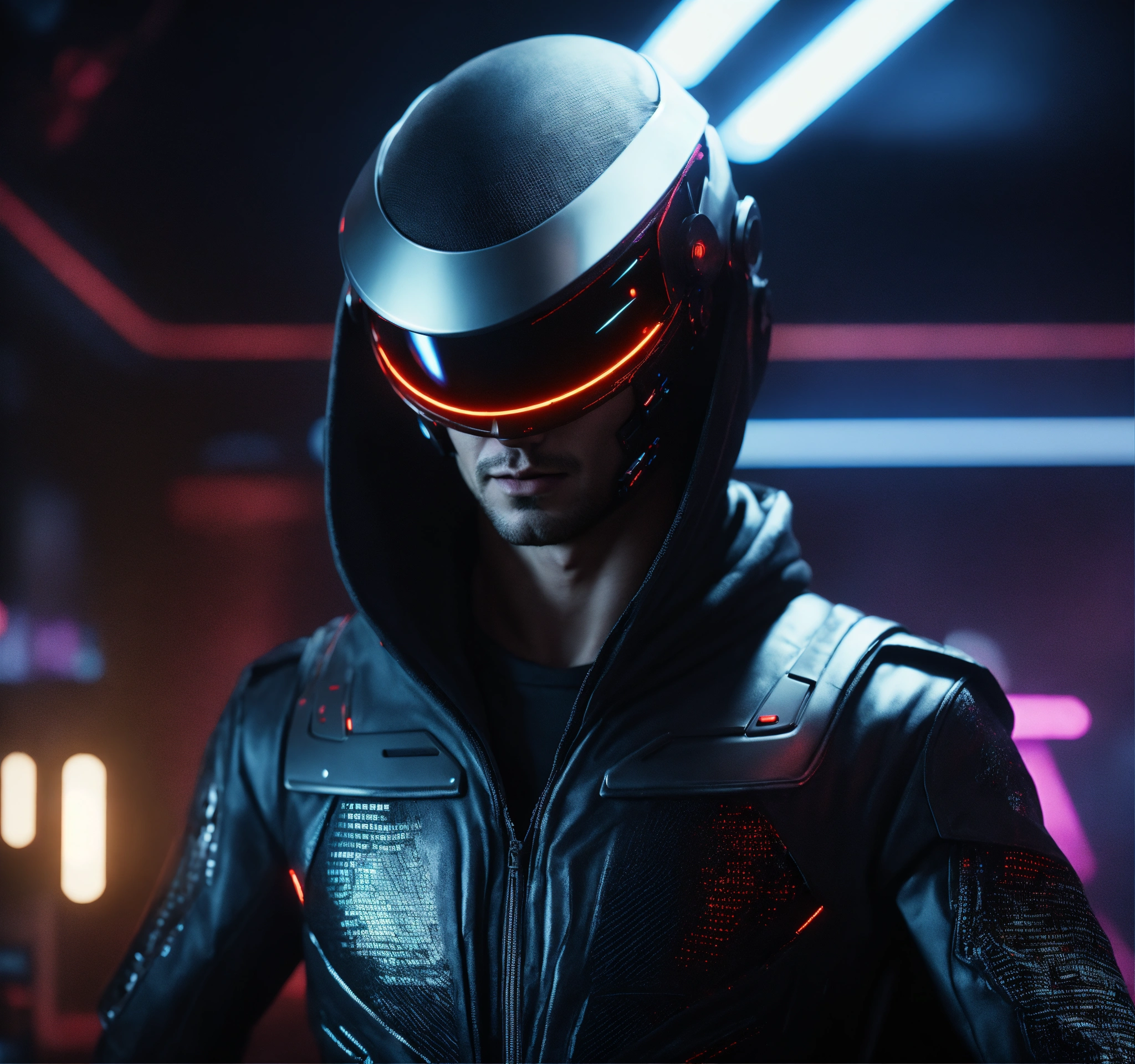 Lexica - Male alien mutant half cyborg hacker wearing a hood, wearing a ...