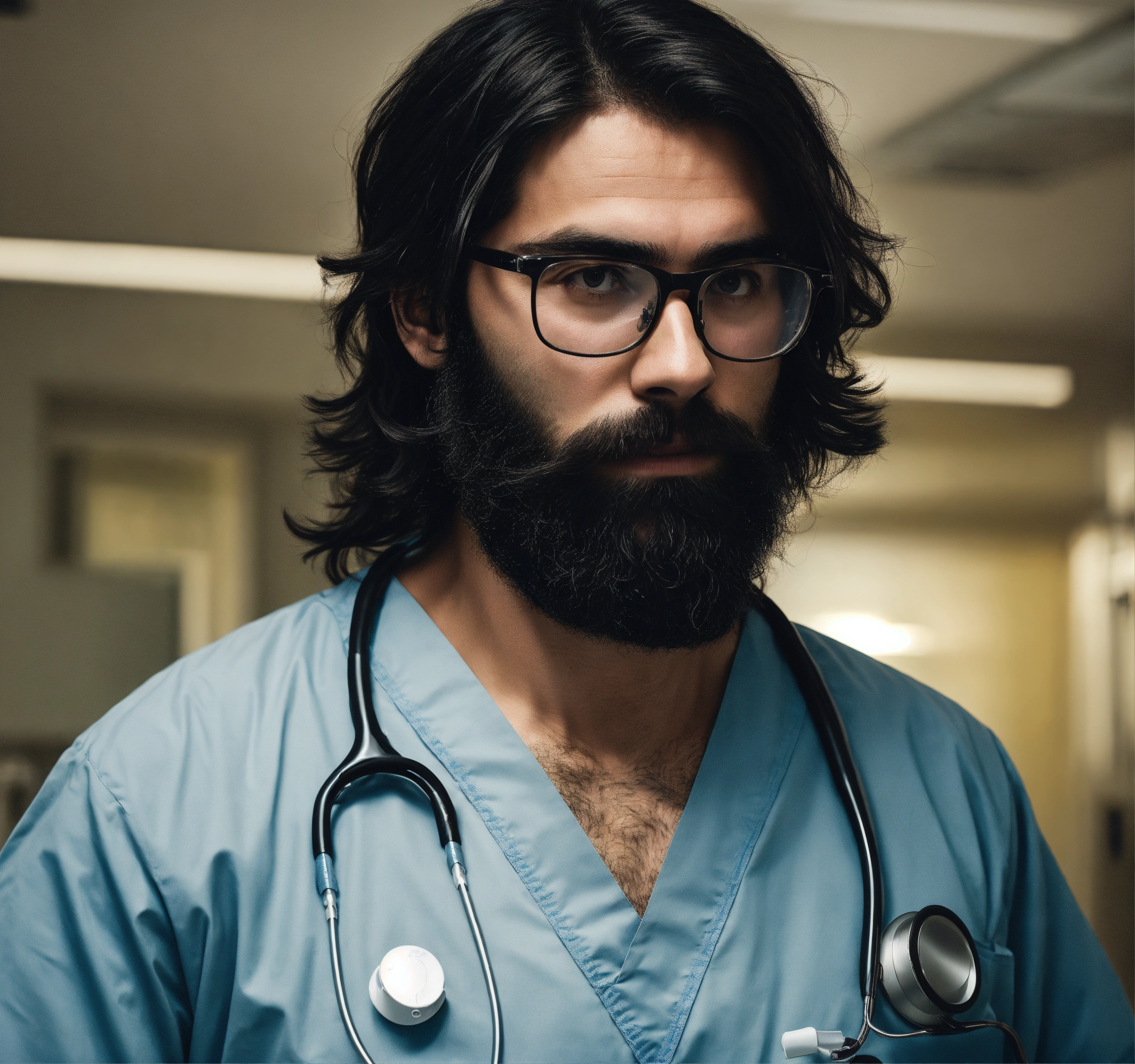 Lexica - Hospital nurse man with black long hair, and thin beard with ...