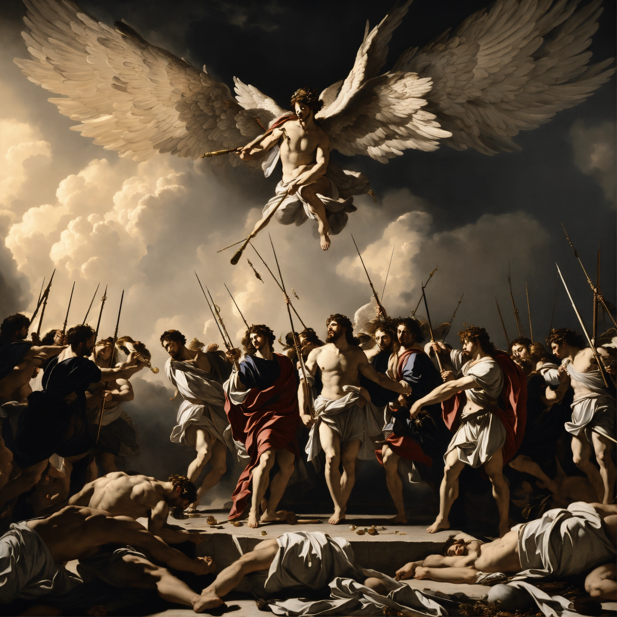 Lexica - A classical painting of the angels in heaven at war while man ...