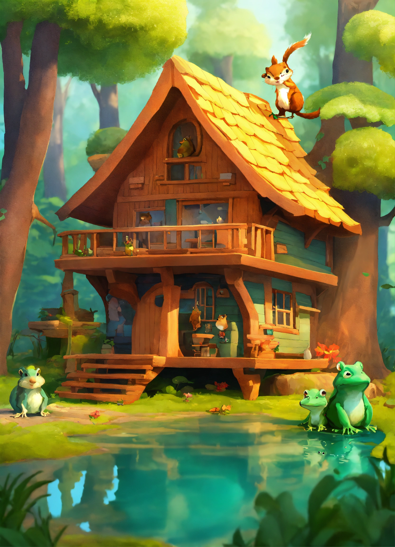 Lexica - Cozy Woodland Hideaway, Cartoon Squirrels & Frogs, Vibrant ...