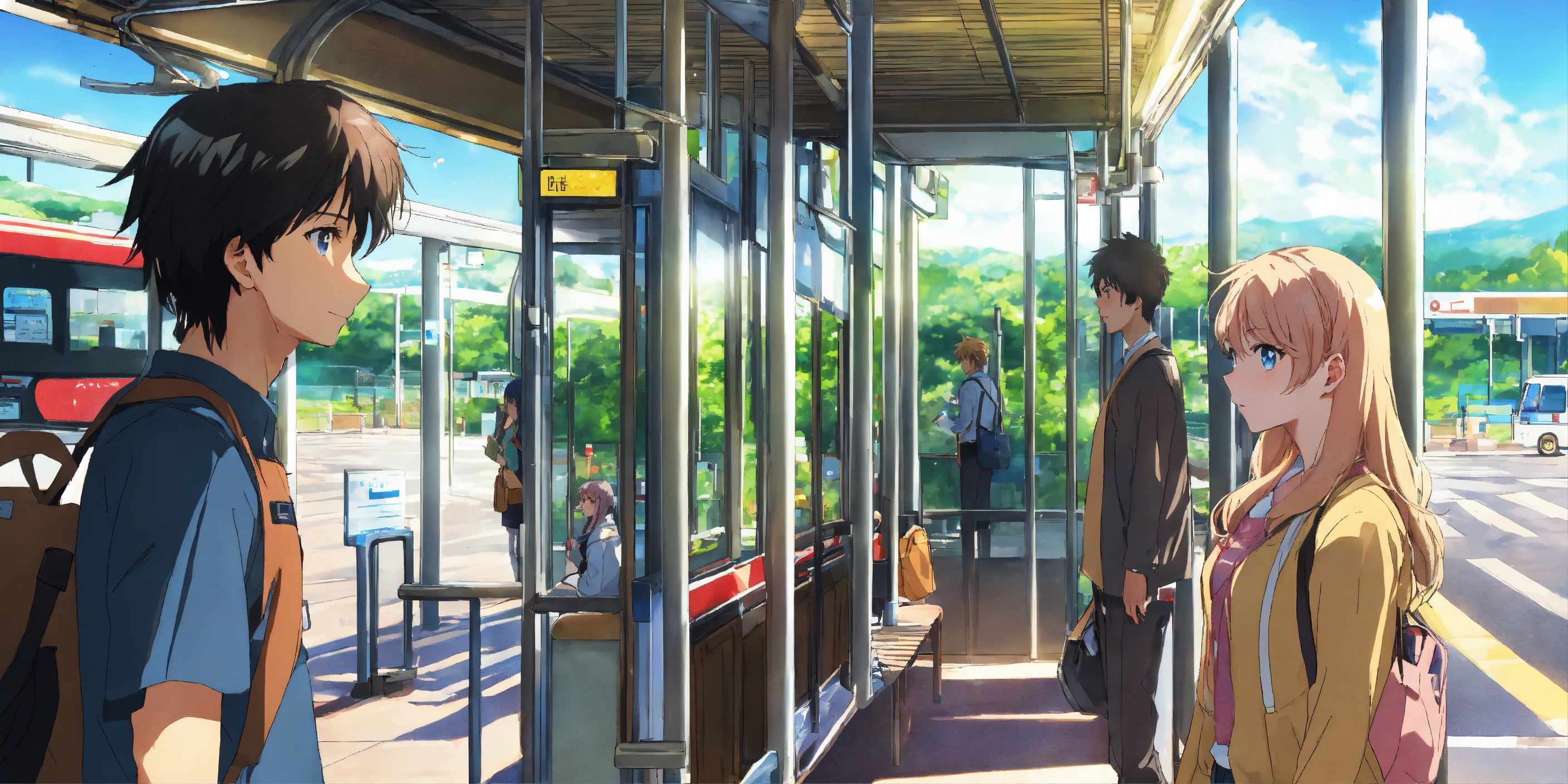 Lexica - A young guy looking at girl on a bus station sunny day in ...