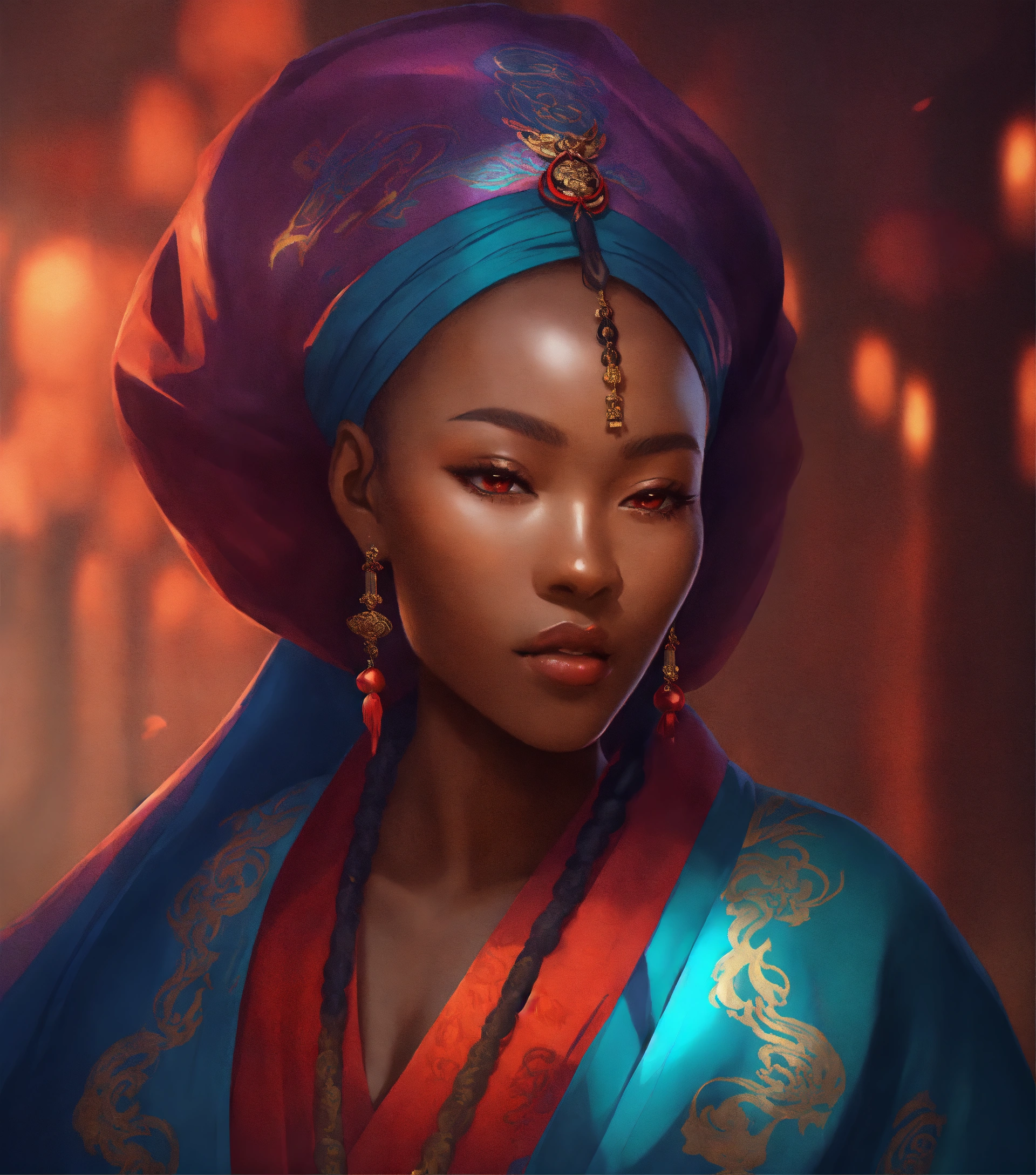 Lexica - An African woman cultivator in jewel tone flowing robes, drawn ...