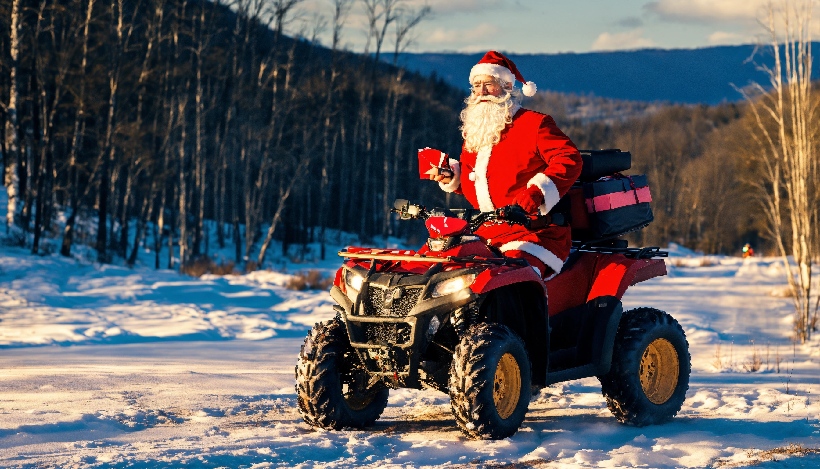 Lexica - Santa Claus with a bag of gifts rides along a snowy road on an ...