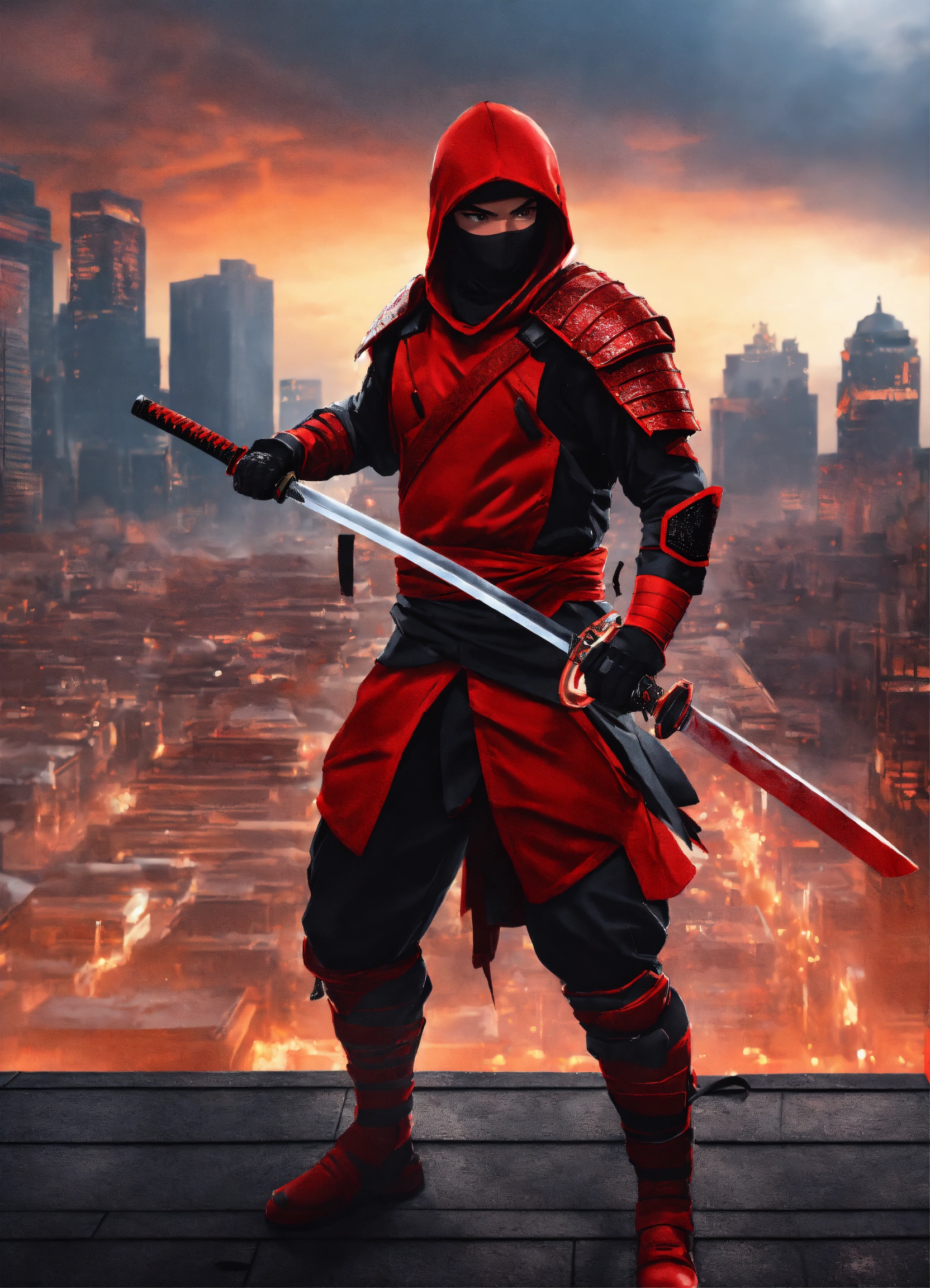 Lexica - Ninja, full length, full body, wearing red nano tech armor ...