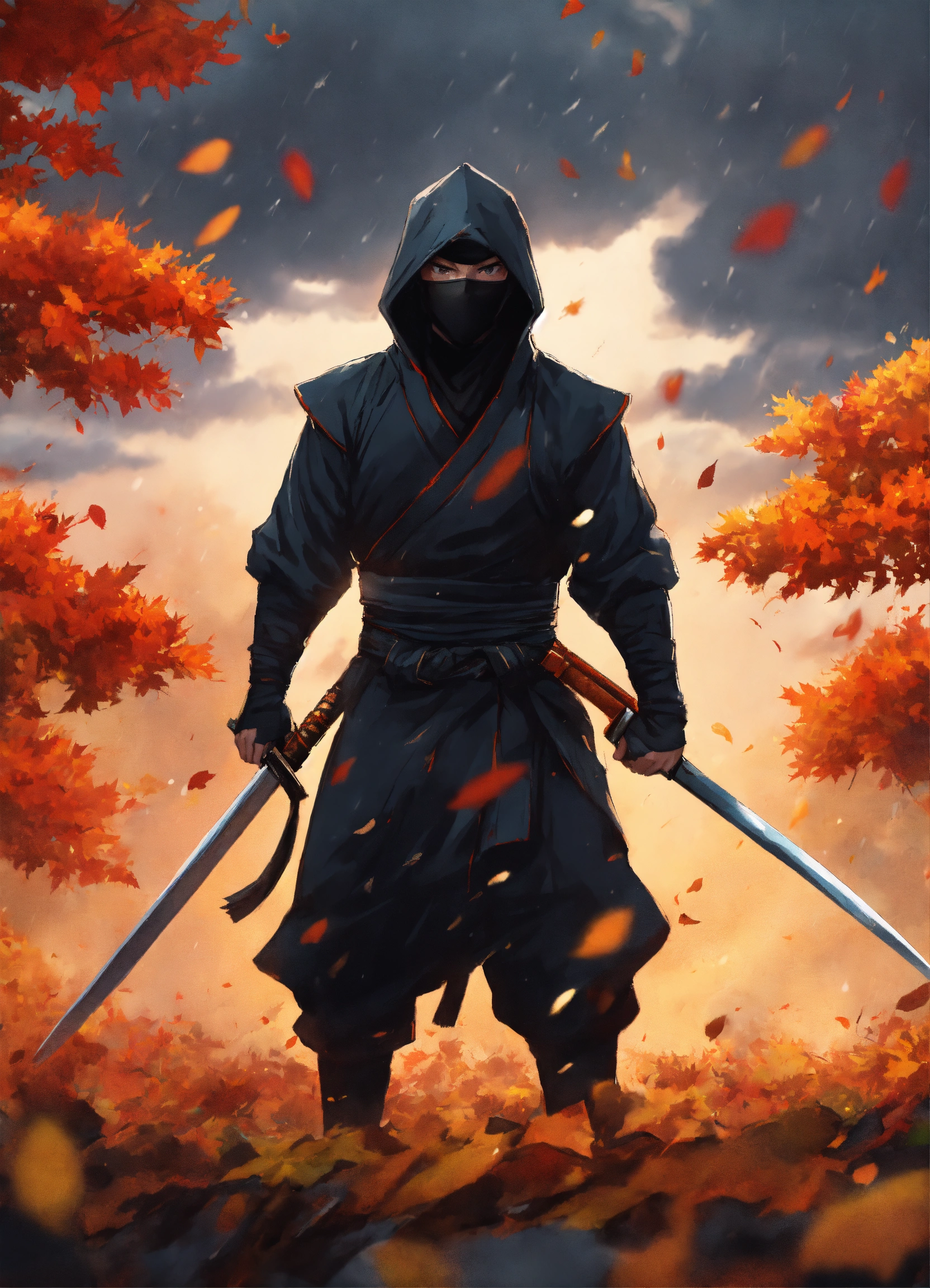 Lexica - Animated. Ninja with black mask. Standing in an autumn storm.