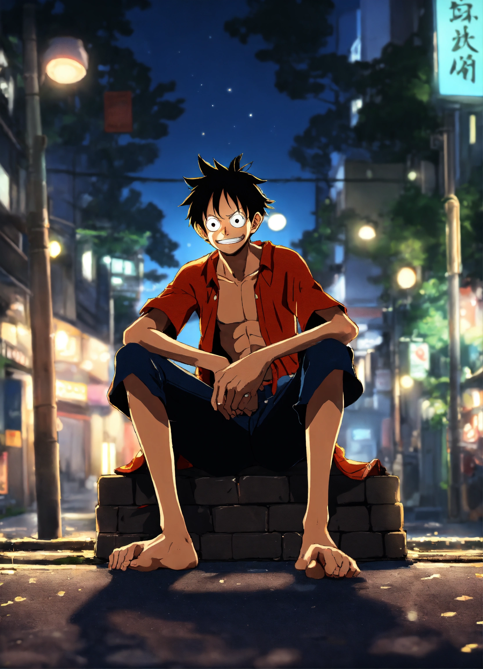 Lexica - Monkey D. Luffy sitting on the street under the lights in ...