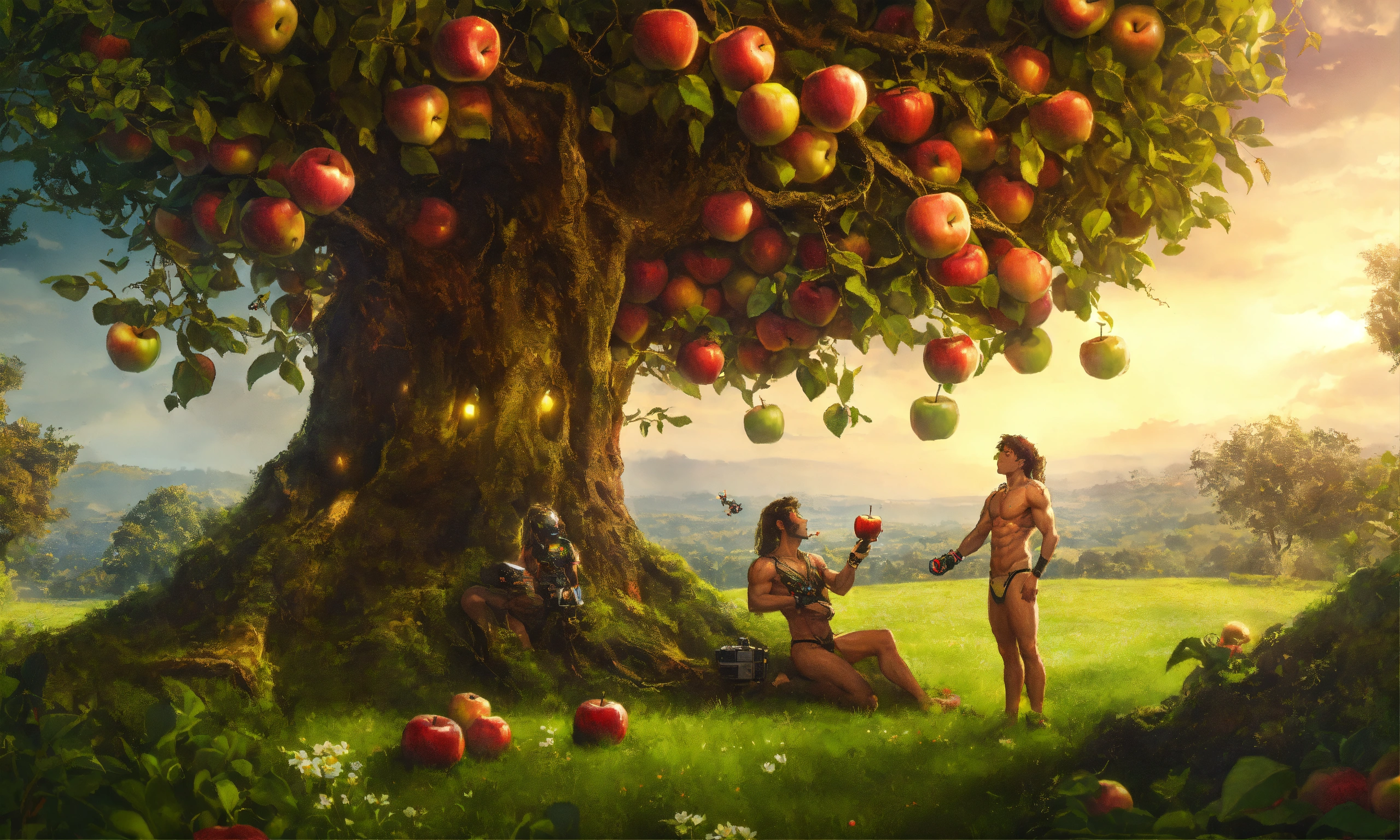 Lexica - Cyborg adam and cyborg Eve eating a apple standing under a ...