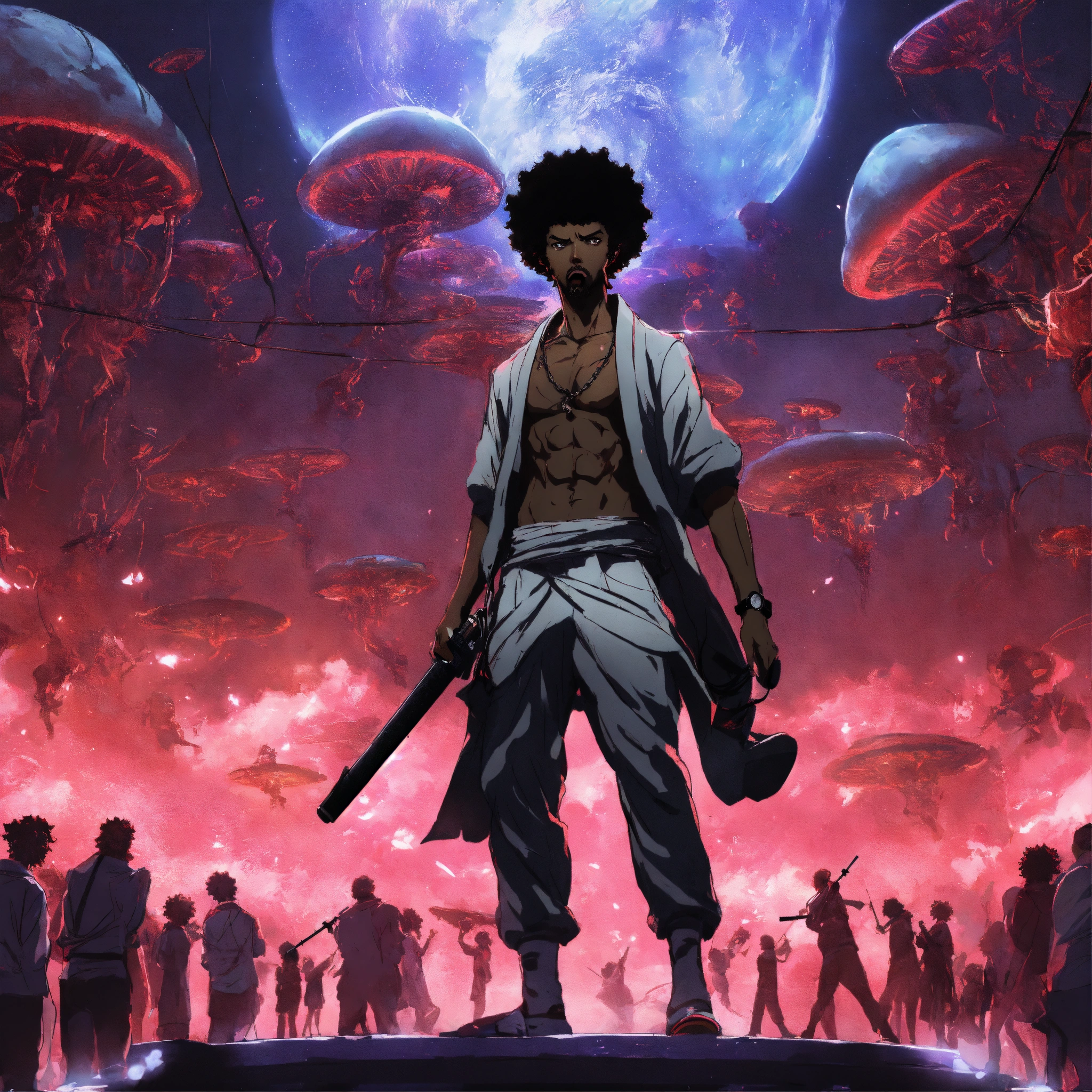 Lexica - Afro samurai anime, man rapping angrily on microphone with ...