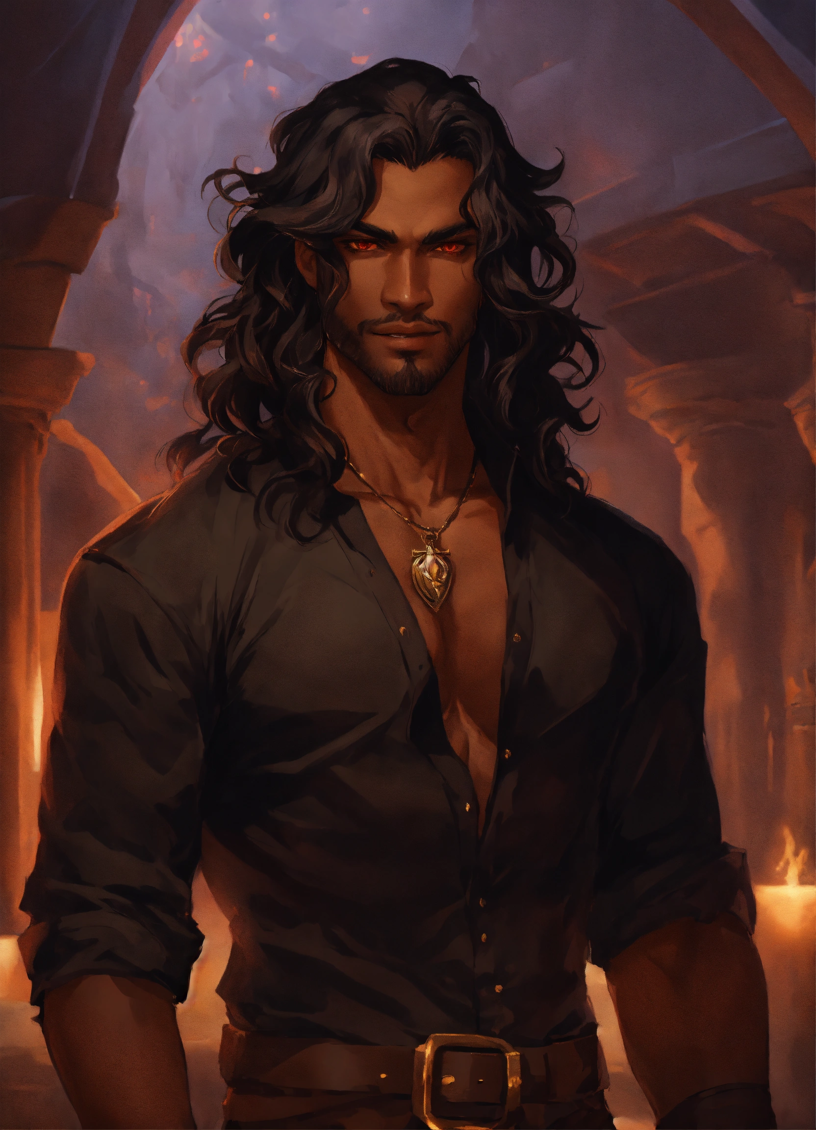 Lexica - A handsome demon man with brown skin and long wavy black hair ...