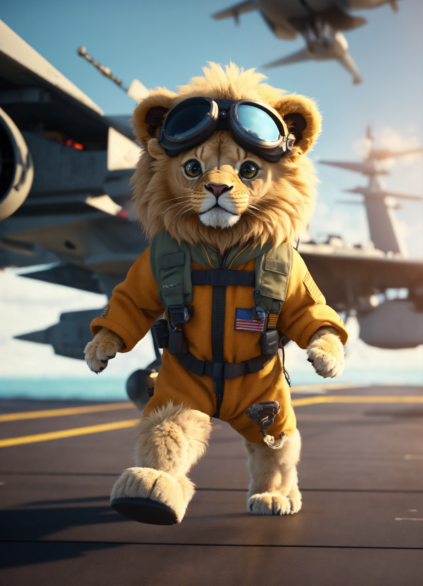 Lexica - A cute fluffy baby lion pilot walking on a military aircraft ...